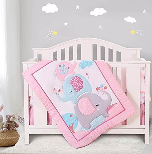 Honkaii Elephant Crib Bedding Set 4Pcs for Girls with Comforter Fitted Sheet Crib Skirt Diaper Stacker, Machine Washable, Suitable for 28 x 52 Inch Cribs, Lovely Nursery Crib Sets for Baby(Pink)