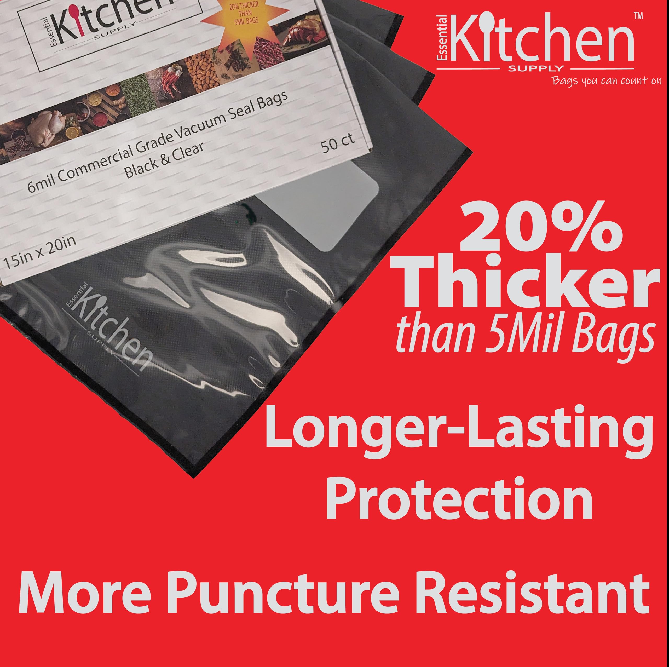 15" x 20" 6 Mil Black and Clear Vacuum Seal Bags | Essential Kitchen Supply (50 Count)