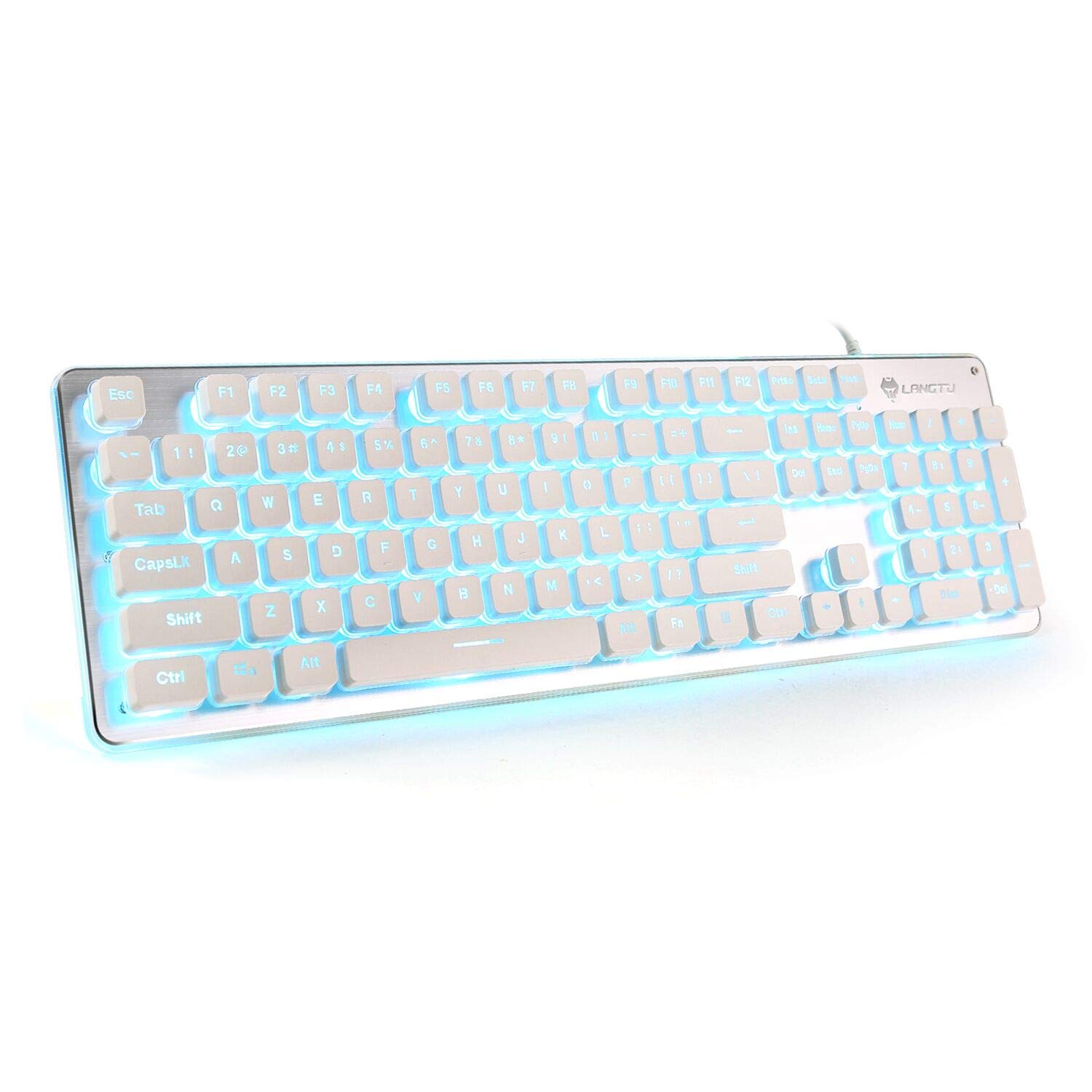 LANGTU LED Computer Keyboard, USB Wired Keyboard for Gaming and Office, All-Metal Panel 104 Keys Quiet Membrane Keyboard with Blue Backlit - L2 White/Silver