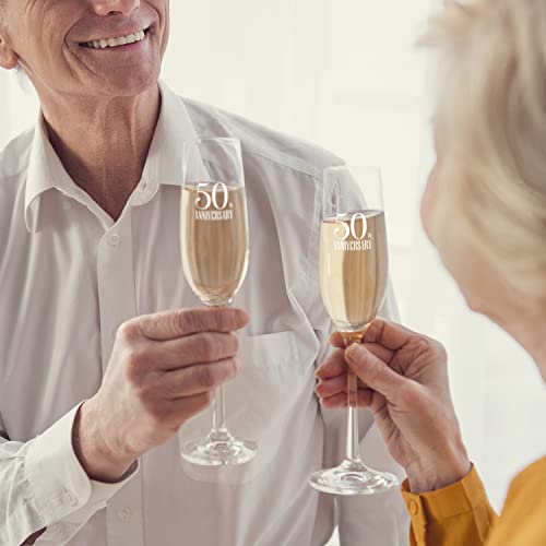 50th Anniversary Champagne Flutes for Couple by S&O. Set of 2 Wedding Anniversary Champagne Flutes. Giftable Wine Glasses for Parents. 8 oz Engraved Champagne Glasses. Gift for Married Couples
