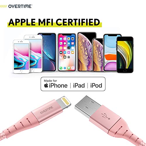 iPhone Charger Set, 2-Pack Overtime Apple MFi Certified Lightning Cables with 1 Dual USB Wall Adapter - 2.4 AMP Compatible w/iPhone 11 Pro Max XS XR X 8 7 6S 6 Plus SE iPad (Rose Gold/Rose Gold, 10ft)