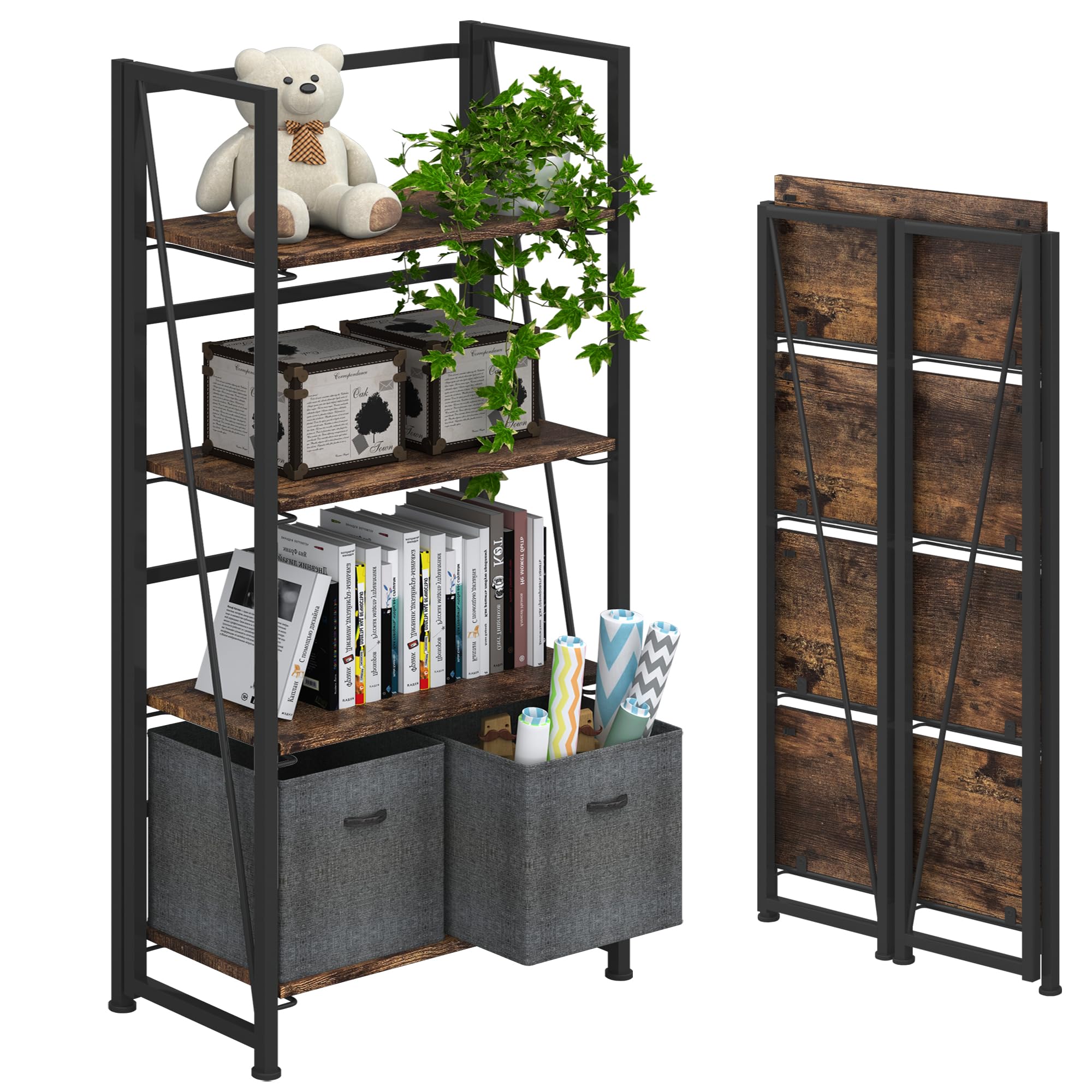 4NM No-Assembly Folding Bookshelf Storage Shelves 4 Tiers Vintage Bookcase Standing Racks Study Organizer Home Office (Rustic Brown and Black)