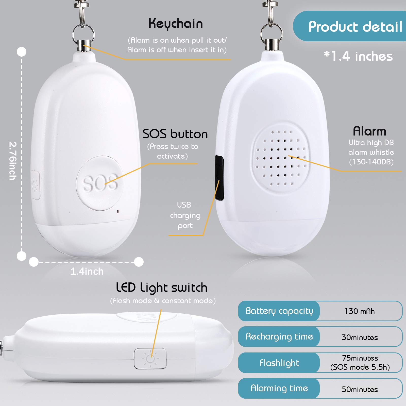 Frienda 4 Pieces Personal Security Alarm Keychain 130 dB Safety Alarm Self Siren Song Keychain with USB Rechargeable LED Flashlight for Women Kids Children Elders Men
