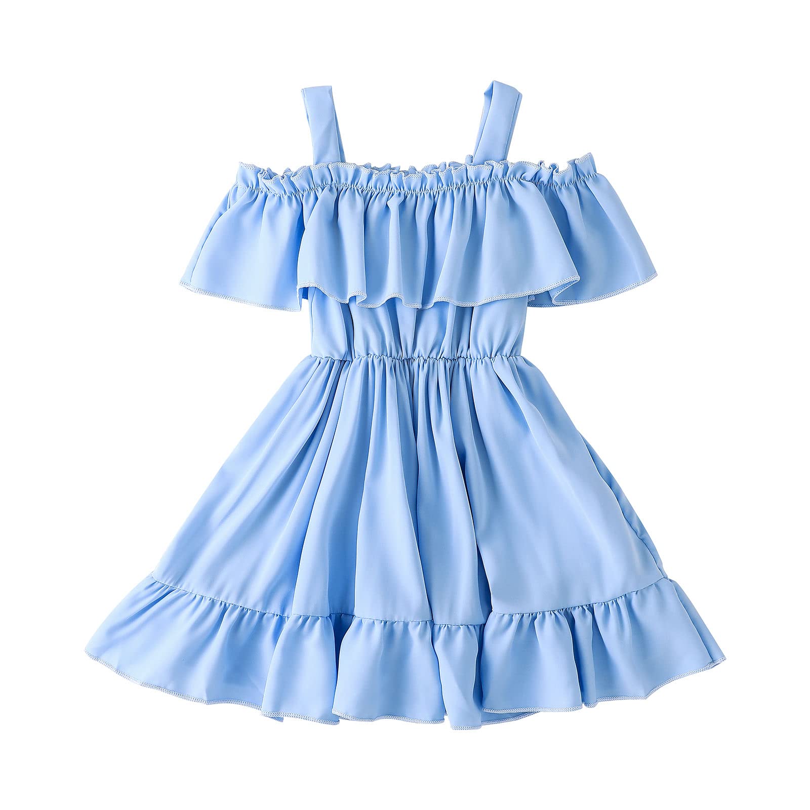 Toddler Baby Girls Summer Dress Chiffon Princess Dress Little Girl Clothes Sleeveless Off-Shoulder Dress Pure Blue