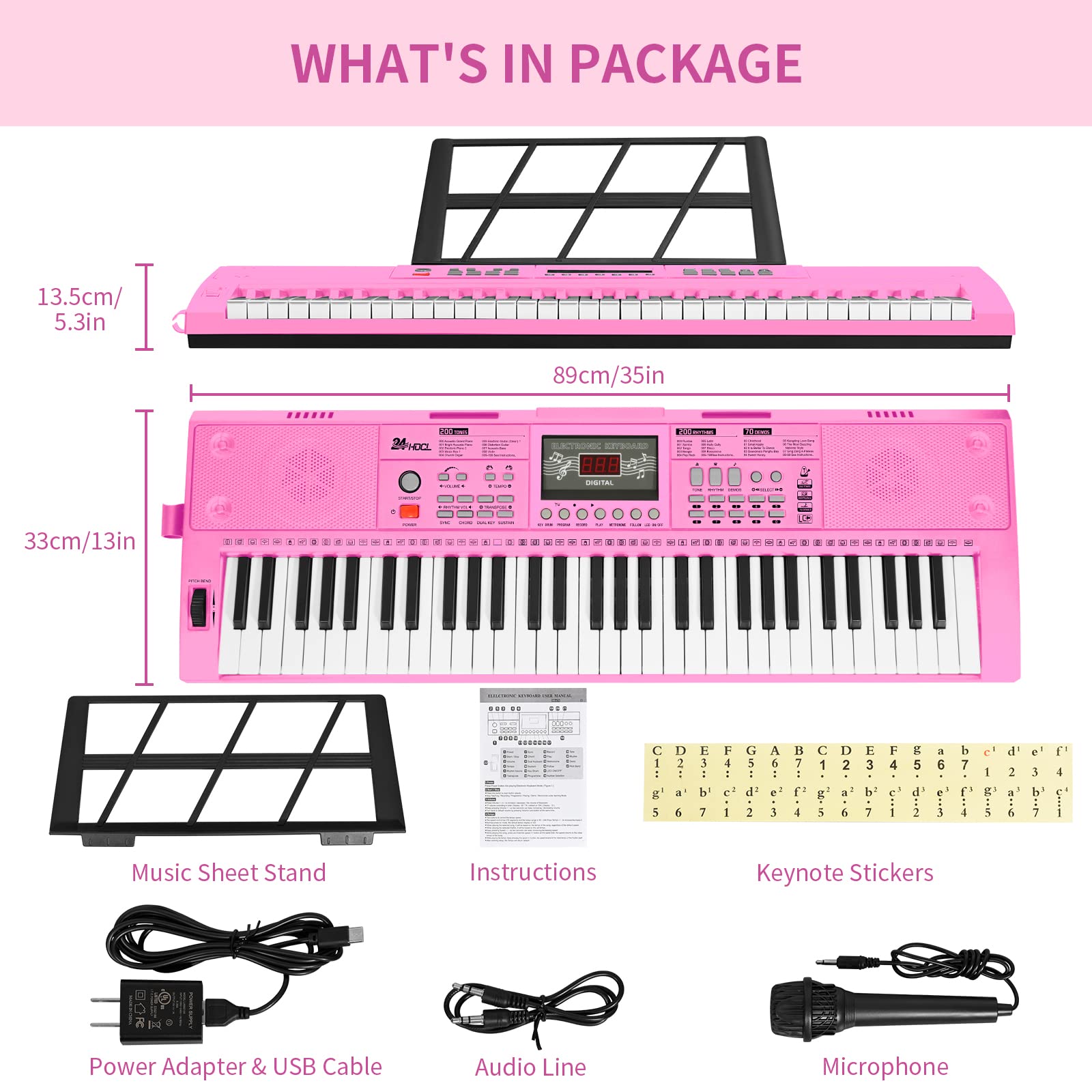 24HOCL 61 Key Premium Electric Keyboard Piano for Beginners with Stand, Built-in Dual Speakers, Microphone, Headphone, Stand & Display Panel (Pink)