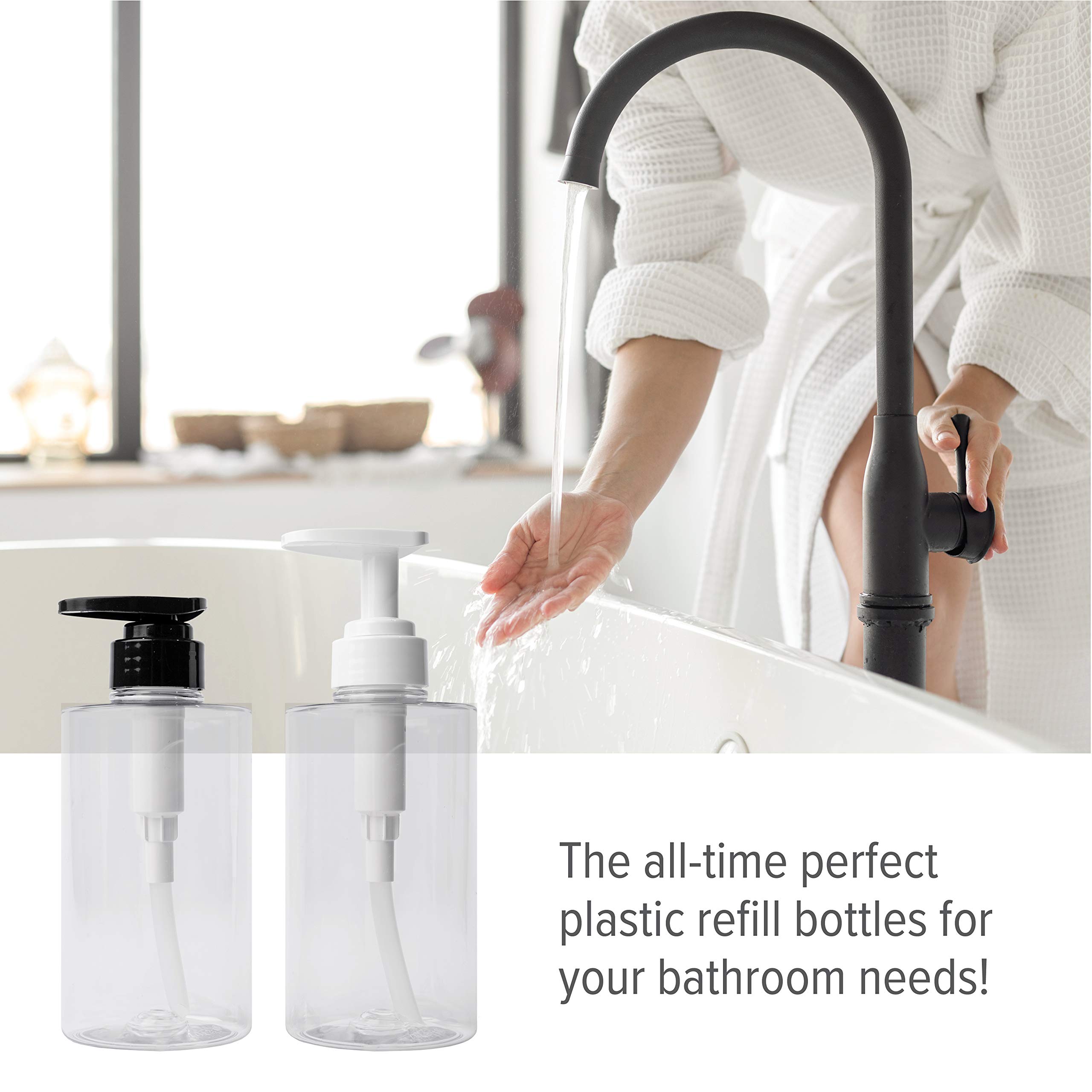 2-Pack of Plastic Pump Bottles, 14oz (400ml) Clear Refillable Hand Lotion Bottle with Pump Dispenser, Easy to Use Empty Small Pump Bottle for Shampoo Dispenser Soap Bottles, Black and White Pumps