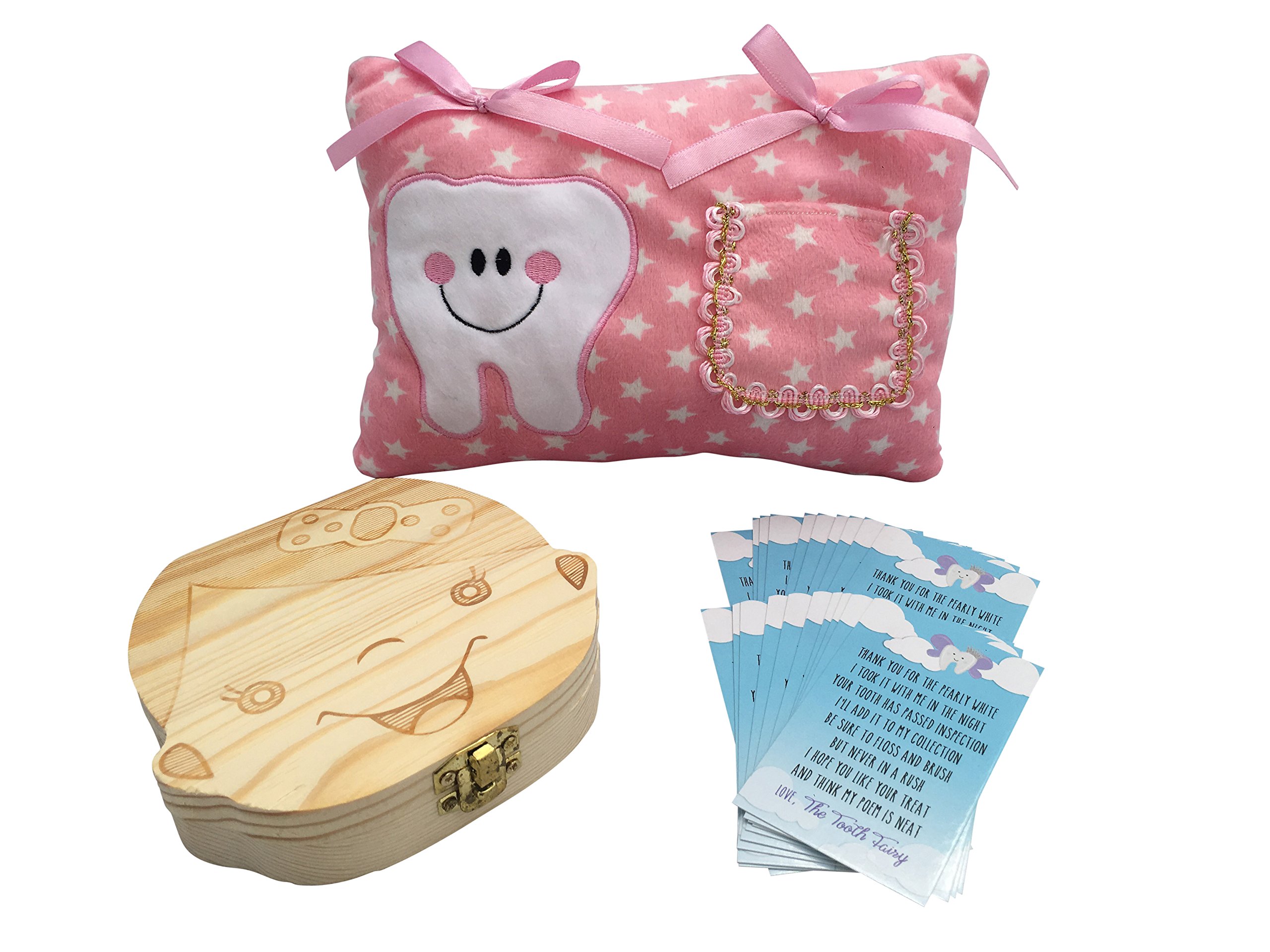 APOWUS Girls Tooth Fairy Kit with Pink Pillow, Wood Box Organizer, 20 Letters