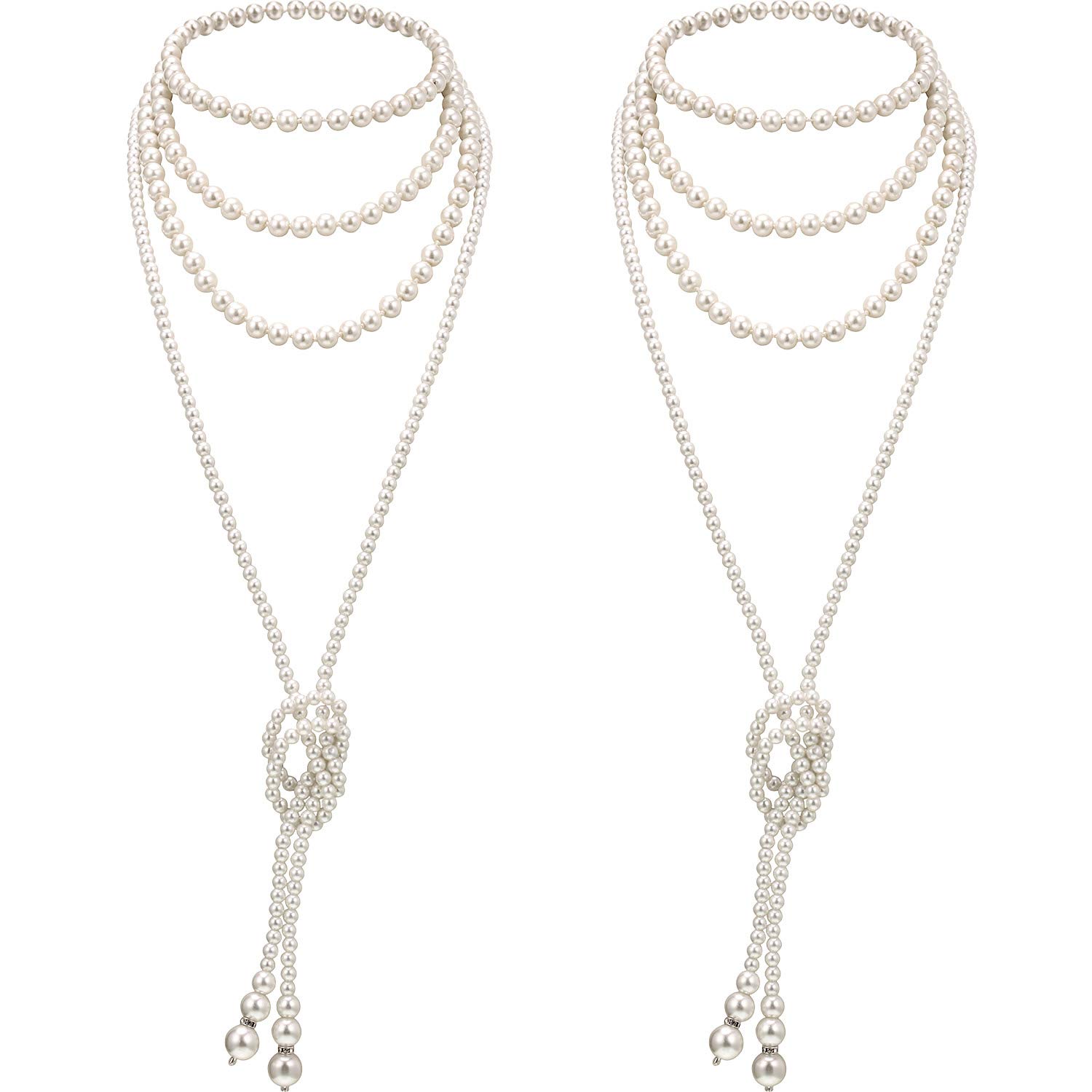 2 Set 1920s Artificial Long Pearls Necklace Flapper Beads Necklaces Faux Pearls Necklace Vintage Jewelry Costume Accessories for Women Girls