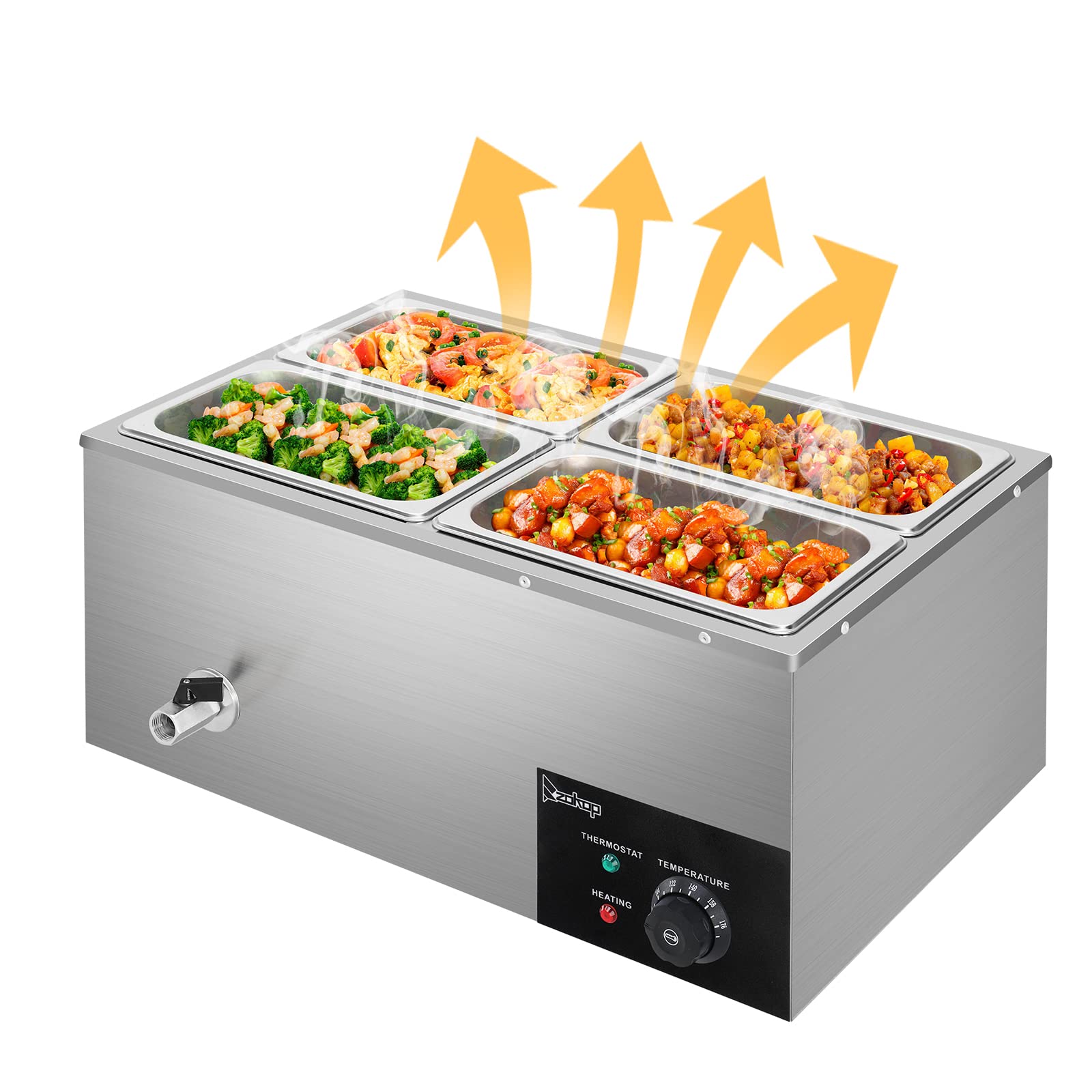 600W Commercial Food Warmer 5L x 4 Stainless Steel Plates Heating Food Warming Soup Pool 30-85°C/86-185°F