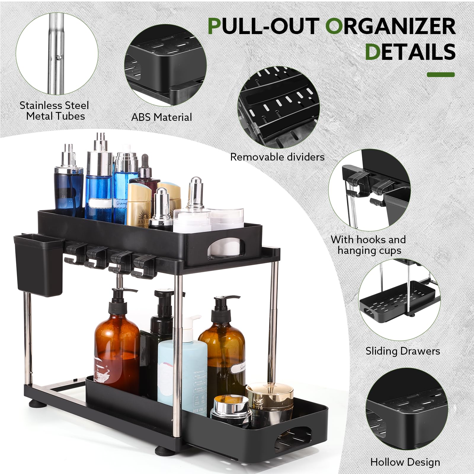 2 Pack Under Sink Organizers and Storage, 2 Tier Double Sliding Bathroom Organizers and Storage with Dividers,Hooks Under Sliding Cabinet Organizer Kitchen Sink Organizer for Kitchen Bathroom
