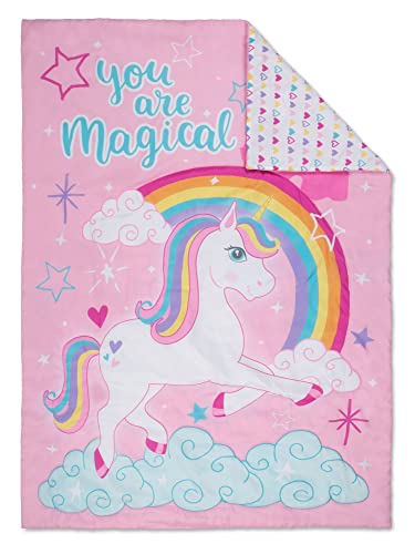 Baby Boom Funhouse Unicorn Love 4 Piece Toddler Bedding Set β Includes Comforter, Sheet Set β Fitted + Top Sheet + Reversible Pillowcase for Girls Bed, Pink