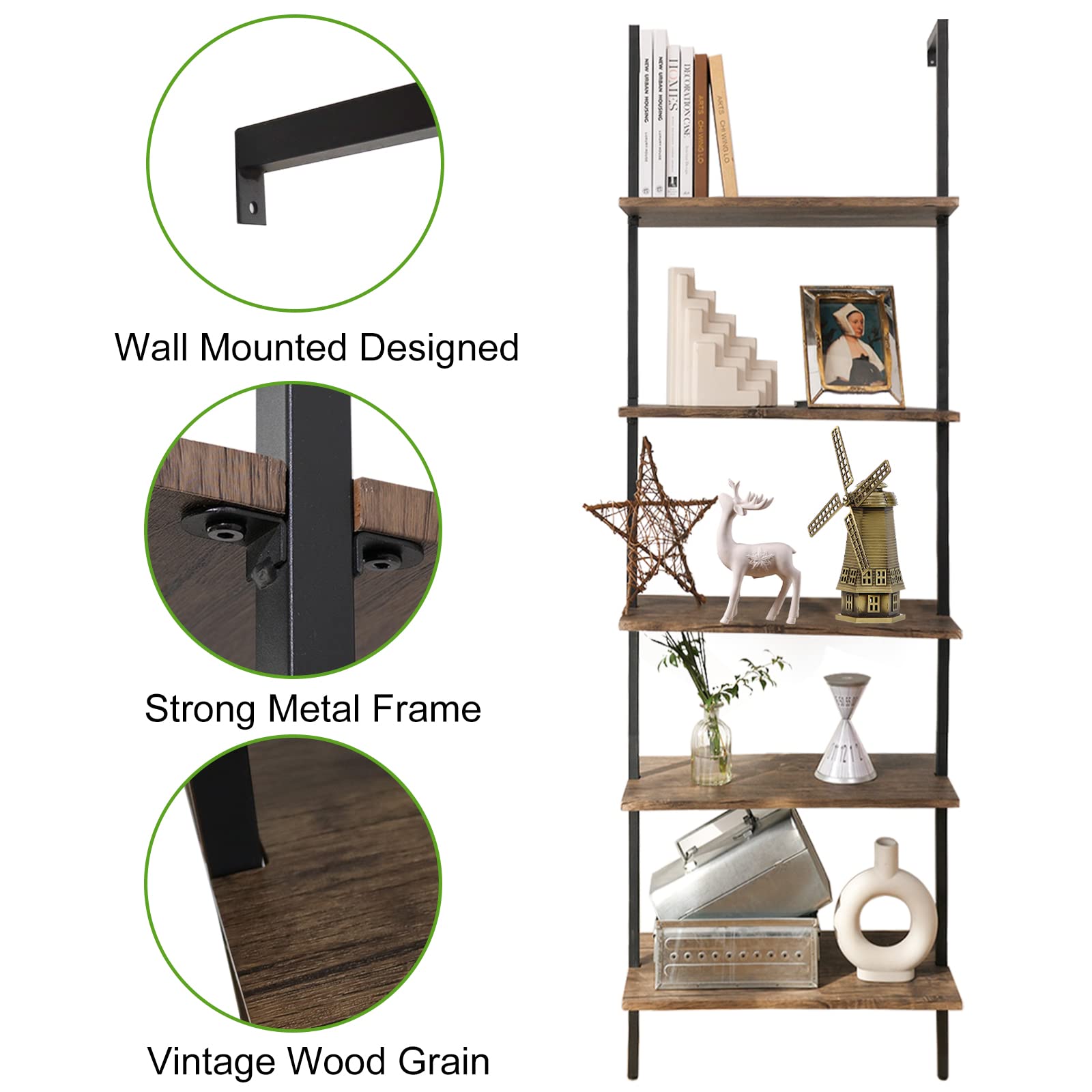 aboxoo Ladder Shelf Open Bookshelf 5-tier Wall-mounted Wood Bookcase Storage Rack Open back Industrial Modern Plant Flower Stand Utility Organizer Bookcase Metal Frame Furniture Office Kitchen Bedroom