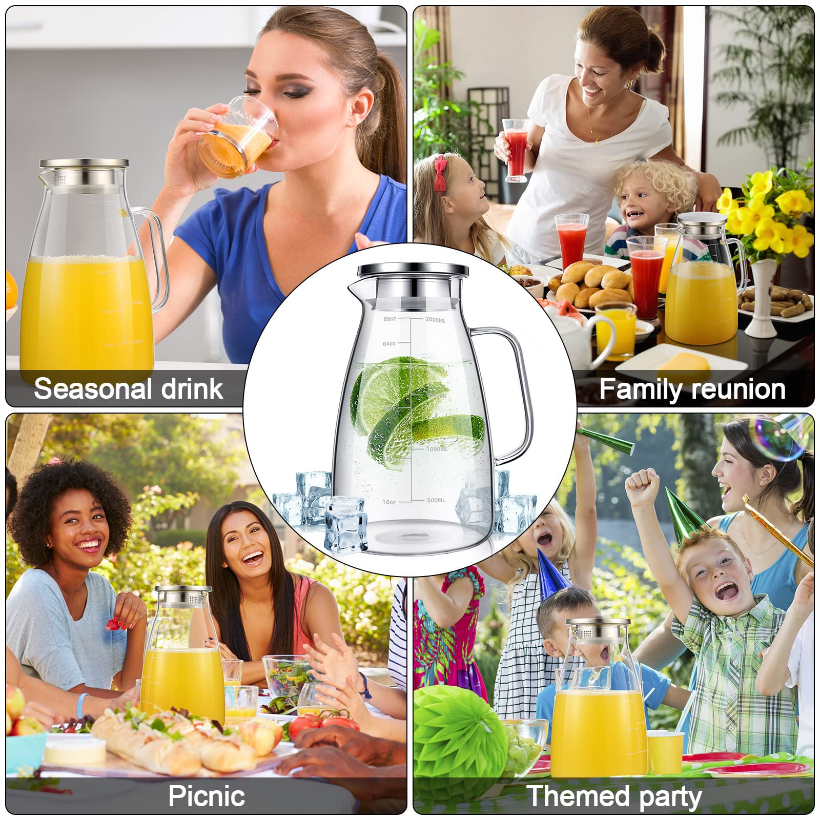 2 Pcs Glass Pitcher Water Pitcher Fridge with Lid and Handle Carafes and Pitchers Iced Tea Pitcher Hot Cold Water Heat Resistant Borosilicate Glass Jug for Water Juice Iced Tea (Simple Style,68 oz)