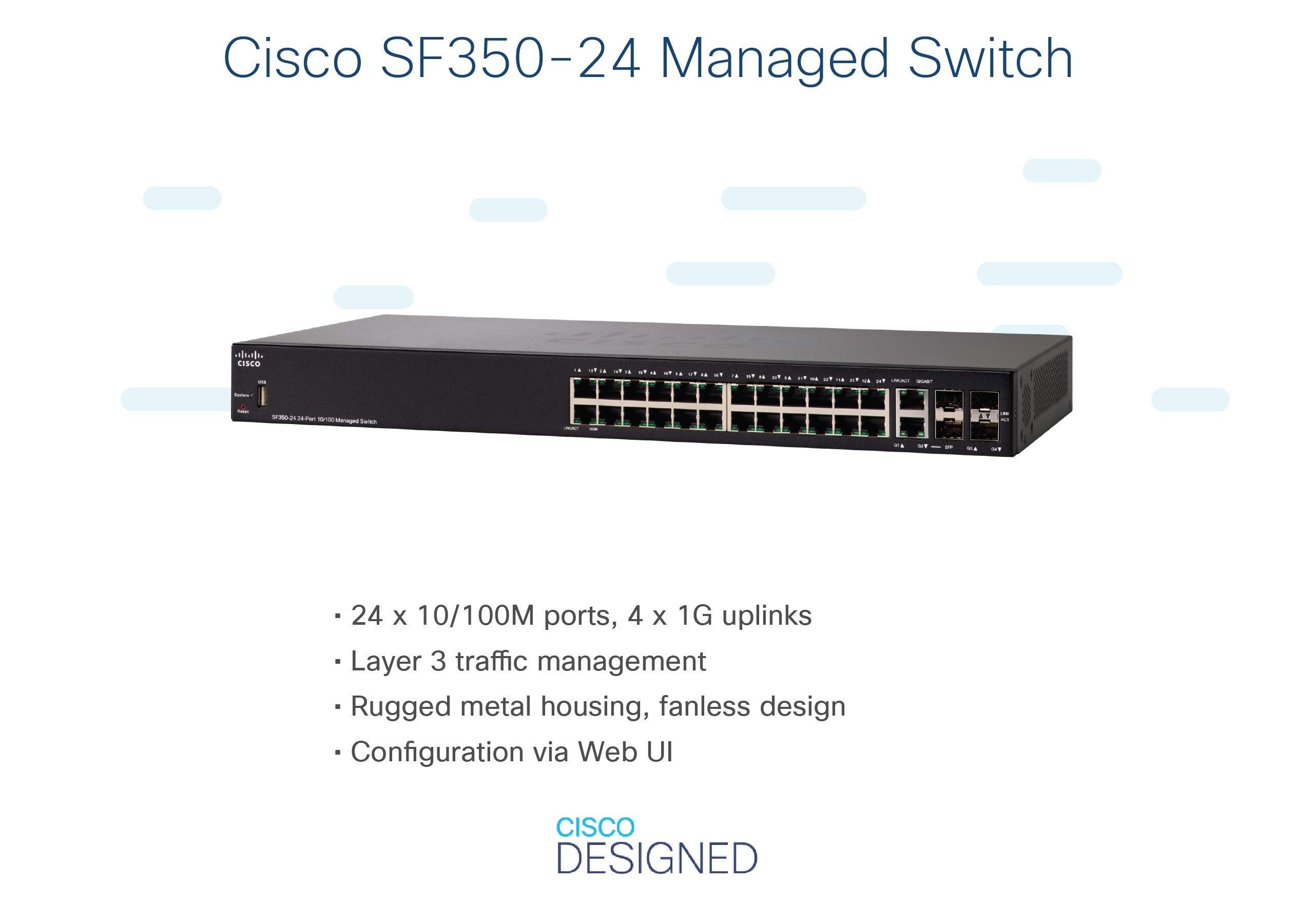Cisco SF350-24 Managed Switch | 24 10/100 Ports | 4 Gigabit Ethernet (GbE) Combo SFP | Limited Lifetime Protection (SF350-24-K9-NA)