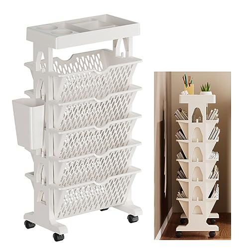 6 Tier Rolling File Cart, Book Rack Storage Bookshelf, Utility cart with Wheels Classroom Deskside Book Shelf for Students, Teachers, Documents Organizers and Storage Bookshelf (Color : Lvory White)