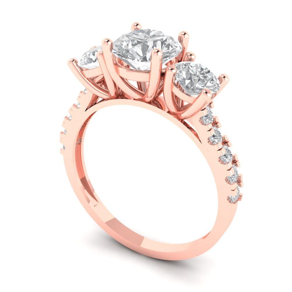 2.02 Ct Round Cut Clear Simulated Diamond 14K Rose Gold Solitaire with Accents 3 Stone Engagement Anniversary Ring Size 7