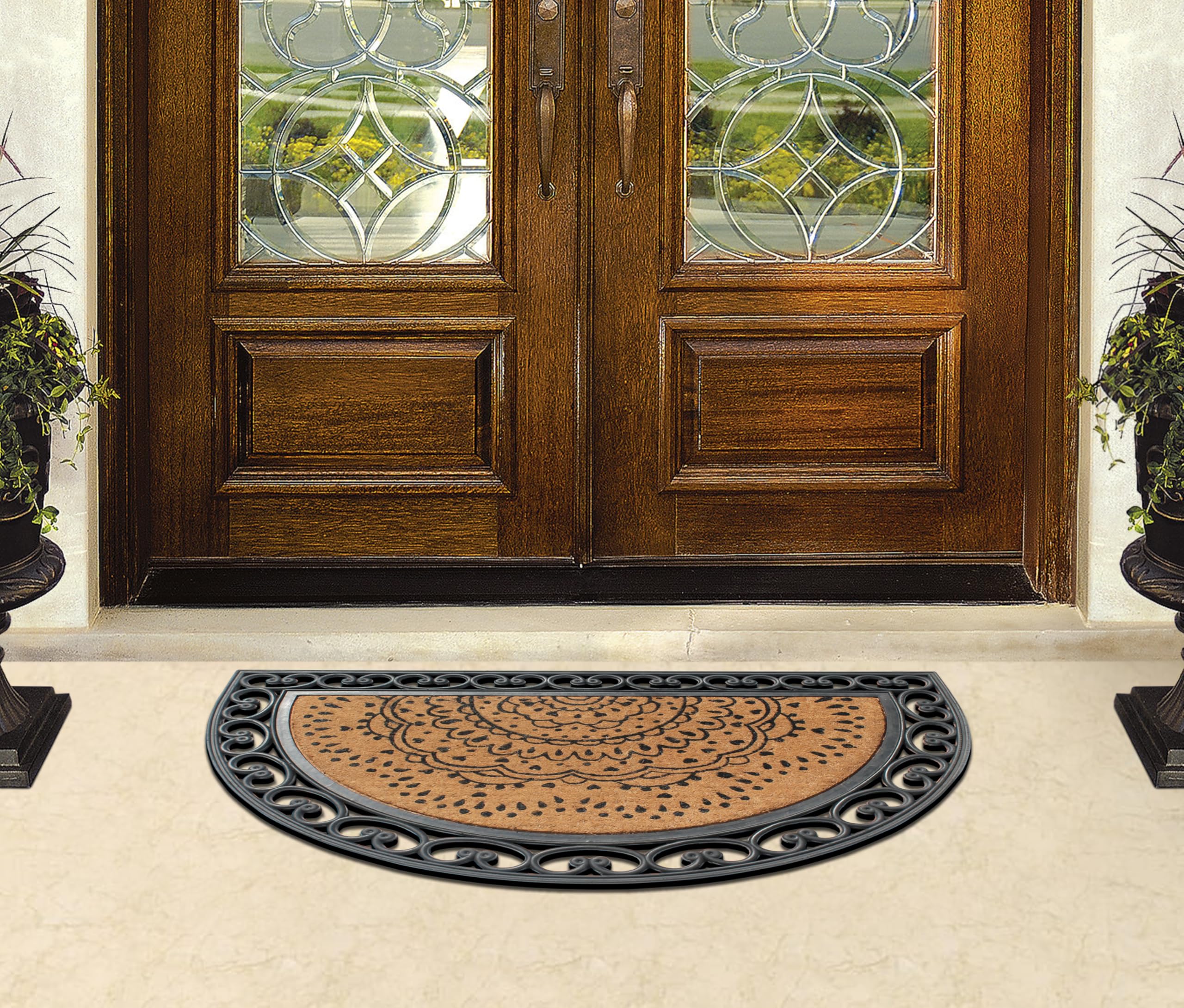 A1 Home Collections A1HOME200131 Heavy Duty Welcome Doormat A1HC Natural Coir & Rubber Round Door Mat, 30" X 48", Half Circle Paisley Black