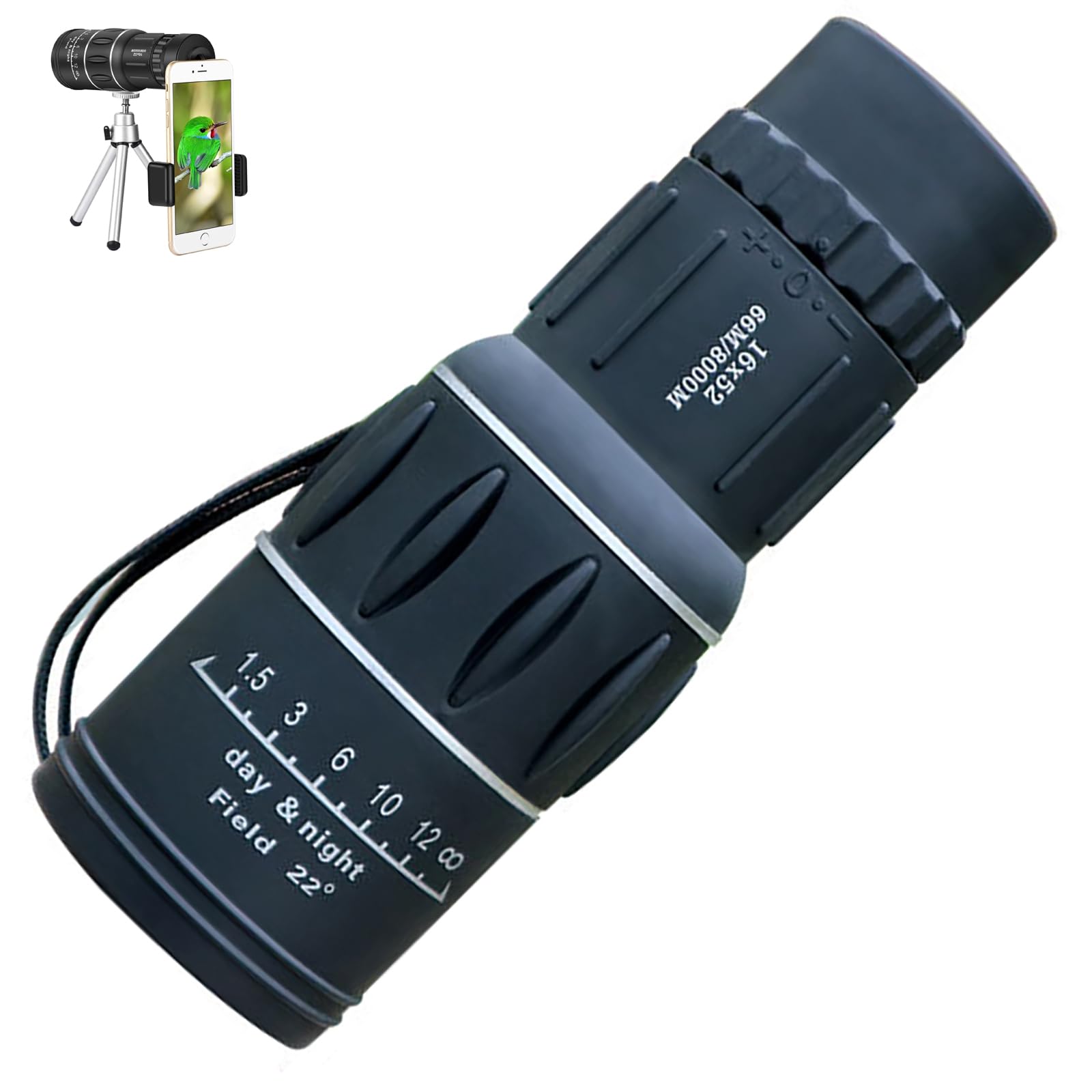 16X52 High Power HD Monocular with Smartphone Holder & Tripod BAK4 Prisms&FMC Lens, Portable Waterproof Telescope for Bird Watching Camping Hiking Match Traveling