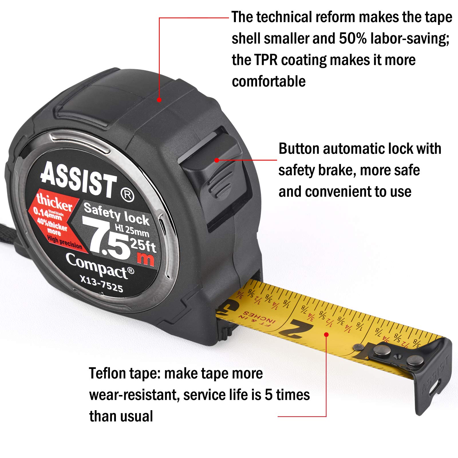 25FT Measuring Tape by ASSIST-Easy Read Double Side Printing with Metric and Inches,2.6m Level Standout Blade,Heavy Duty Shock Absorbent Rubber Case-for Construction,Surveyor