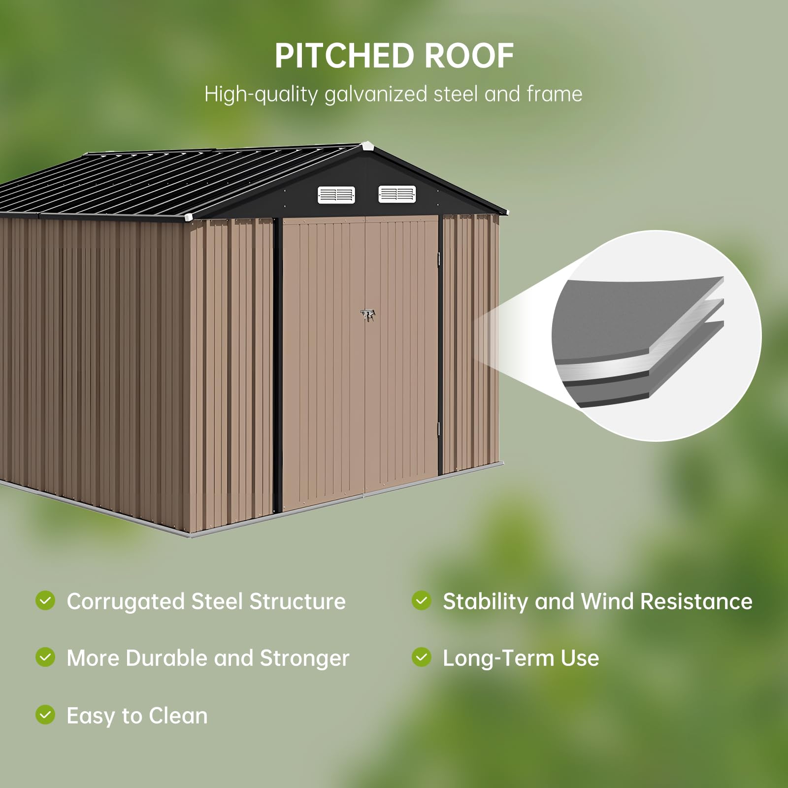 8.6'x10.4' Outdoor Storage Shed, Large Garden Shed, with Slooping Roof and 4 Vents. Updated Reinforced and Lockable Doors Frame Metal Storage Shed for Patiofor Backyard, Patio, Garage, Lawn,Brown