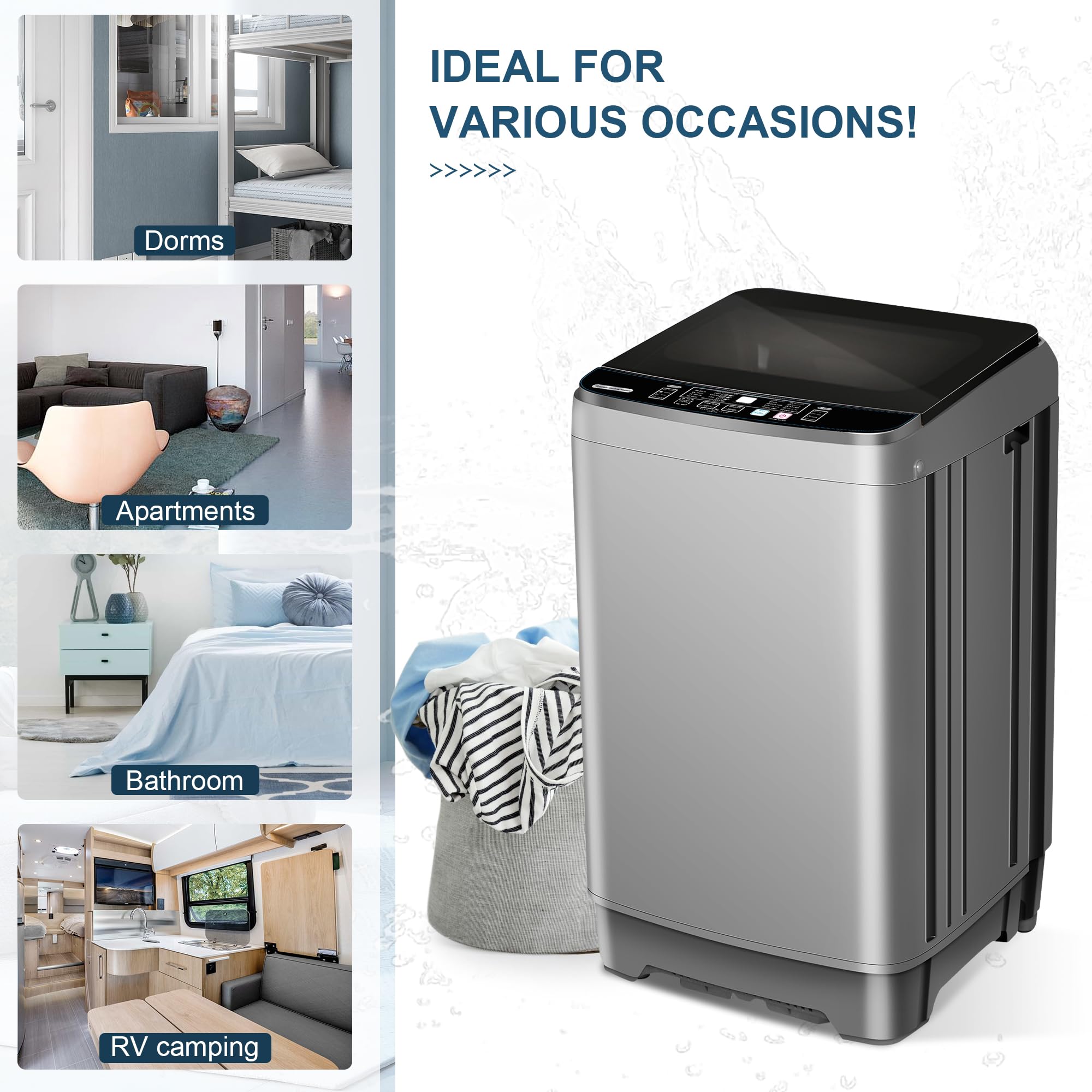 25 lbs Portable Washing Machine LED Display Full Automatic Washing Machine 10 Programs & 8 Water Levels, Come with a Glass Cover, Drain Pump Ideal for Apartment Home Dorm, Grey