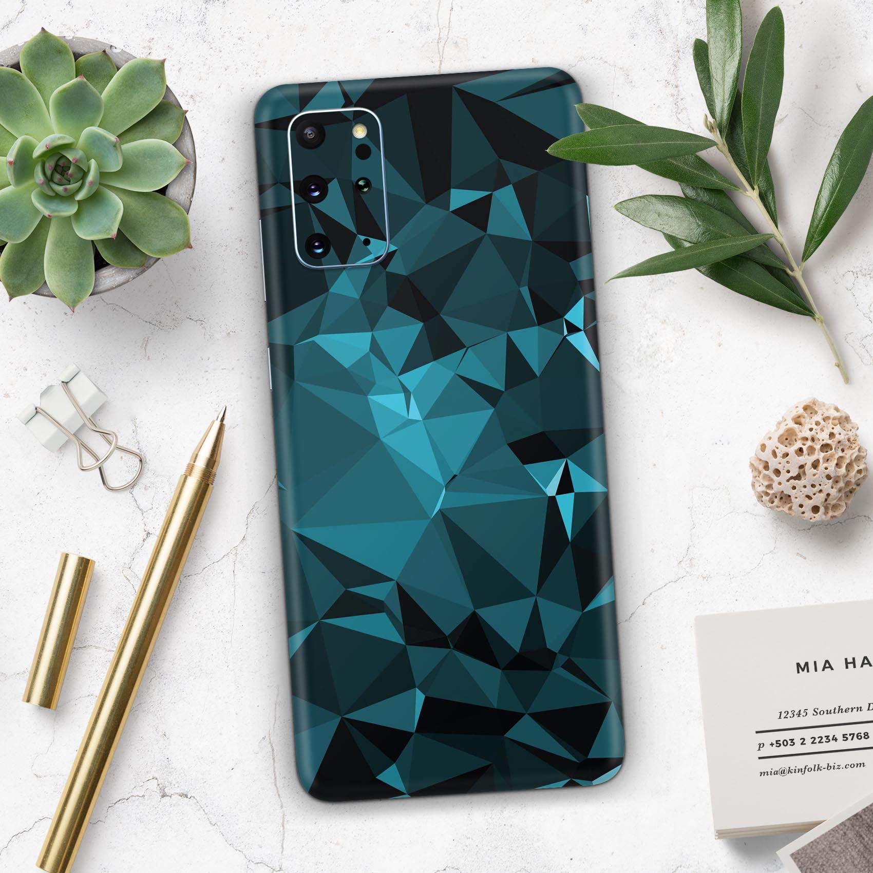 DesignSkinz Turquoise and Black Geometric Triangles Protective Vinyl Decal Wrap Skin Cover Compatible with The Samsung Galaxy S20 (Screen Trim & Back Glass Skin)