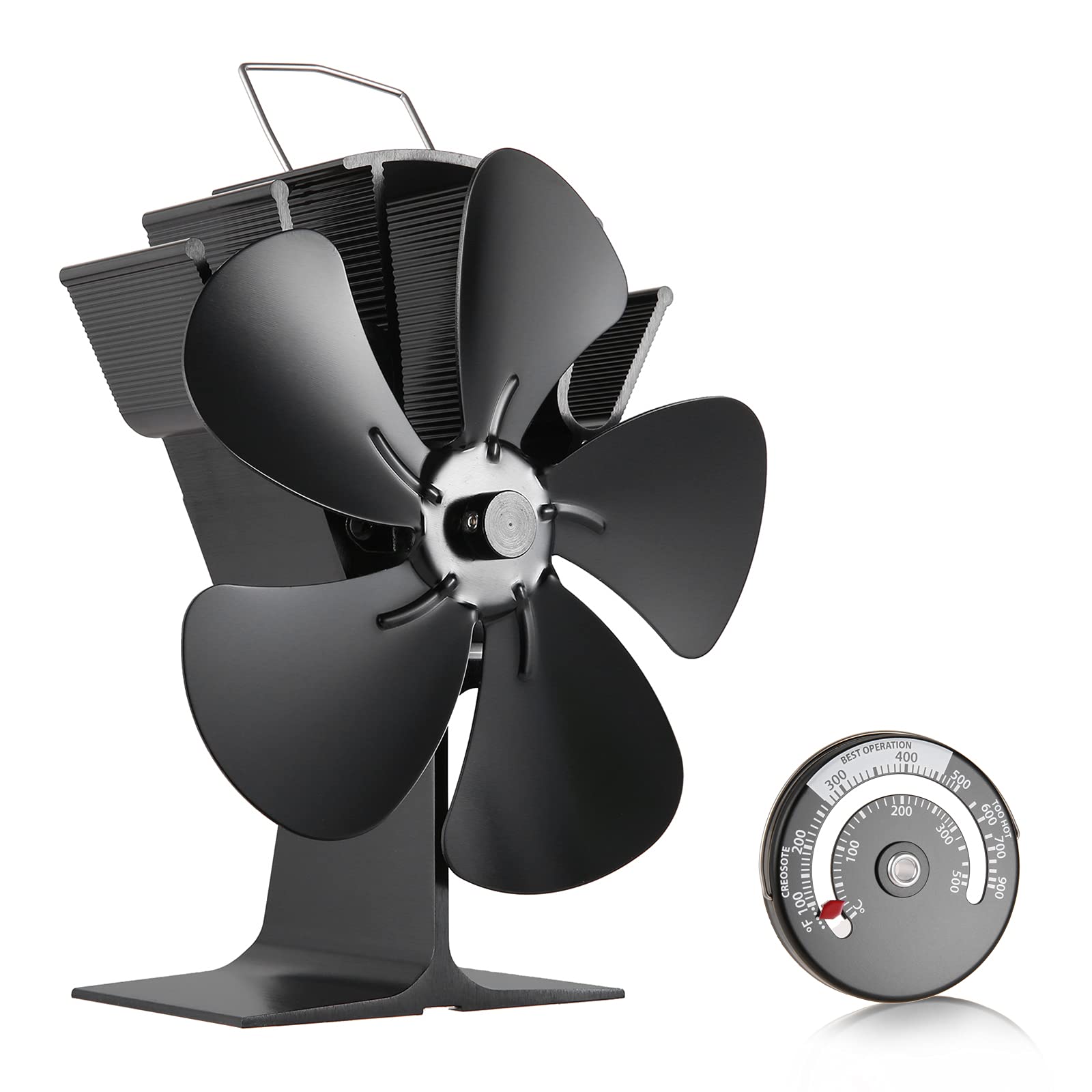 5 Blades Fireplace Fan Heat Powered Wood Stove Fan Circulates Warm Heated Air for Gas Pellet Wood Log Burner Stove Fan Efficient Heat Distribution Eco-Friendly with Thermometer