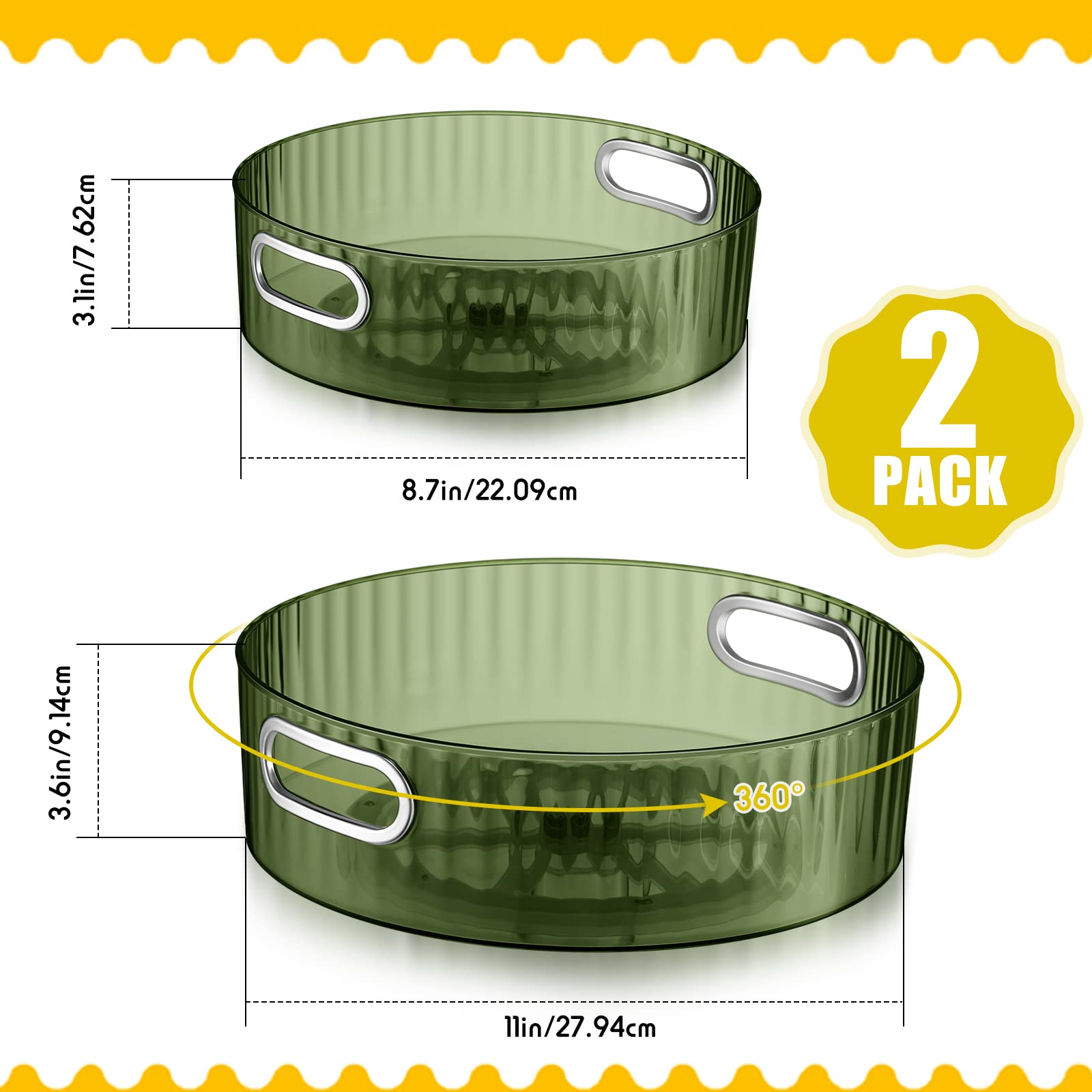 2 Pcs Lazy Susan Turntable Plastic Spinner Organizer, 11 Inch 8.7 Inch Spice Rack with Handles Round Plastic Clear Rotating Condiment for Cabinet Kitchen Refrigerator Jewelry Storage Bathroom (Green)