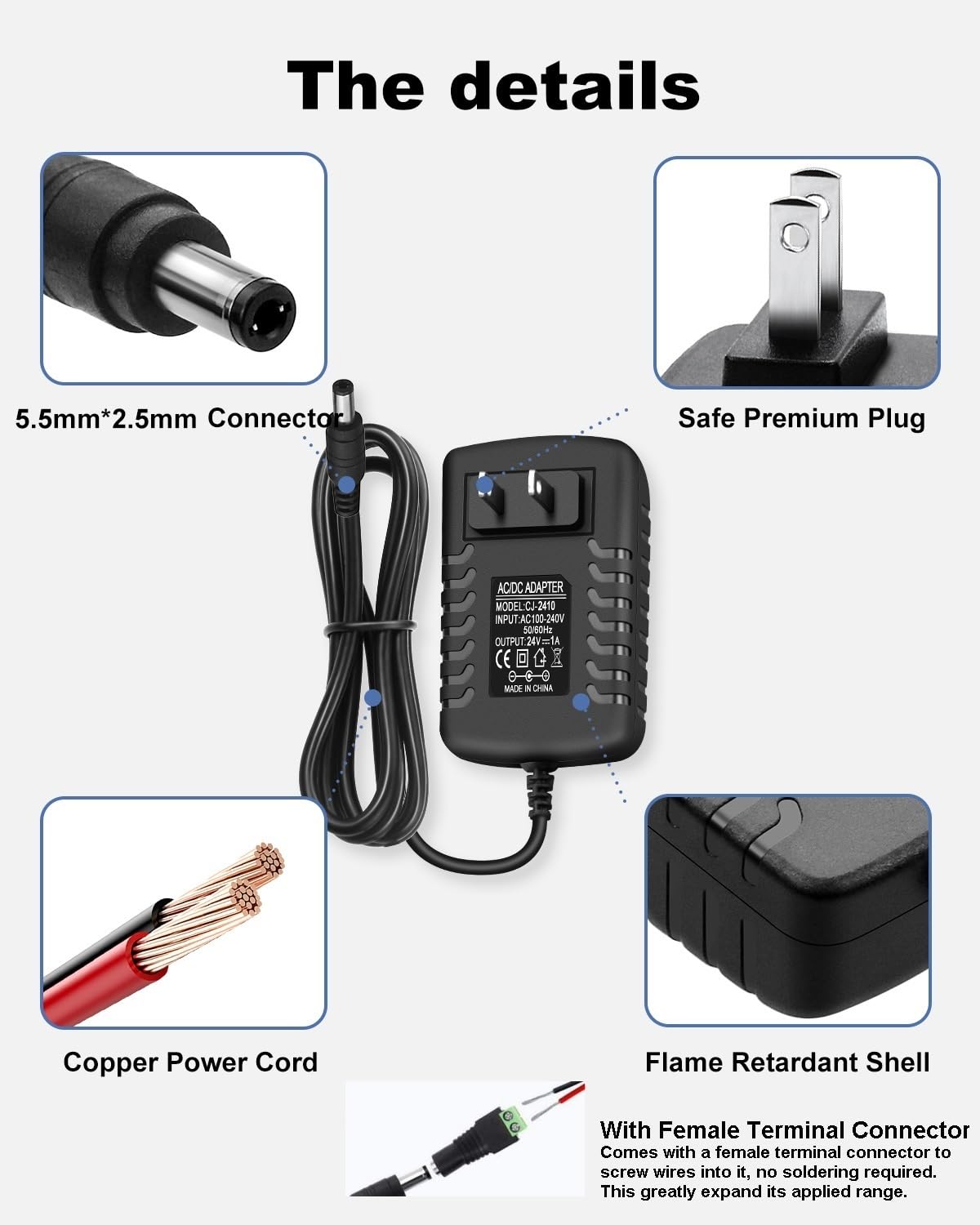 24V 1A DC Power Supply Adapter 24 Volt AC Adapter 100-240V 50-60Hz to DC 24V 1A Power Adapter Cord, 24V DC Power Supply 1A Adapter with 5.5mmx2.5mm DC Outlet Plug and 1 More Tip