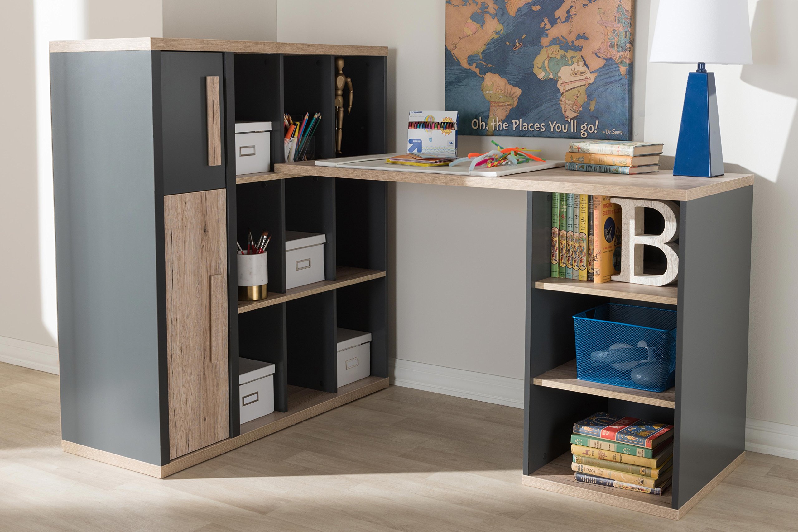 Baxton Studio Panni Modern Study Desk with Built-in Shelving Unit, gray