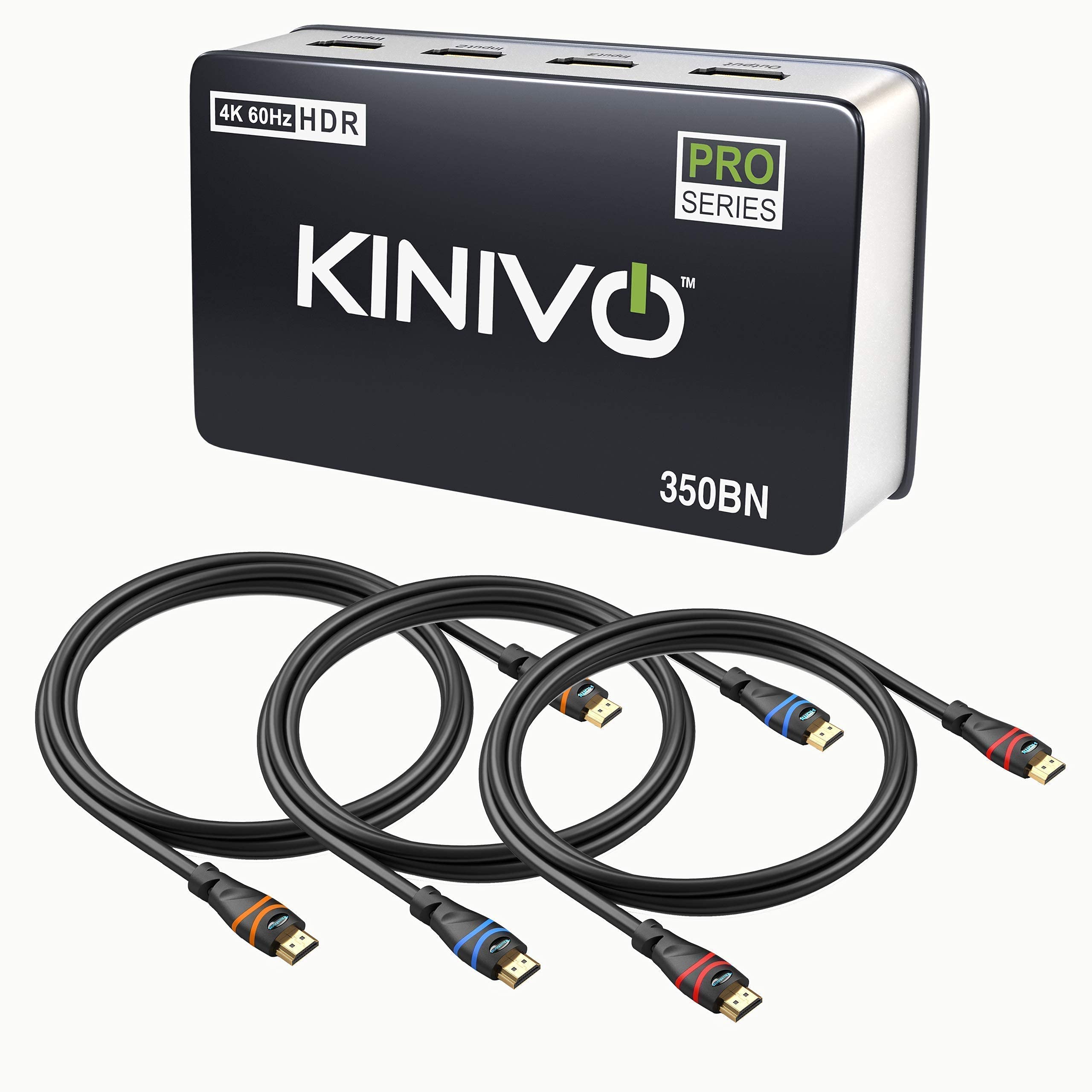 Kinivo 350BN 4K HDMI Switch with BlueRigger 4K HDMI Cable - 6.6FT, 3 Pack (4K 60Hz, HDR, HDMI 2.0, 3 Port Switch, Auto-Switching)