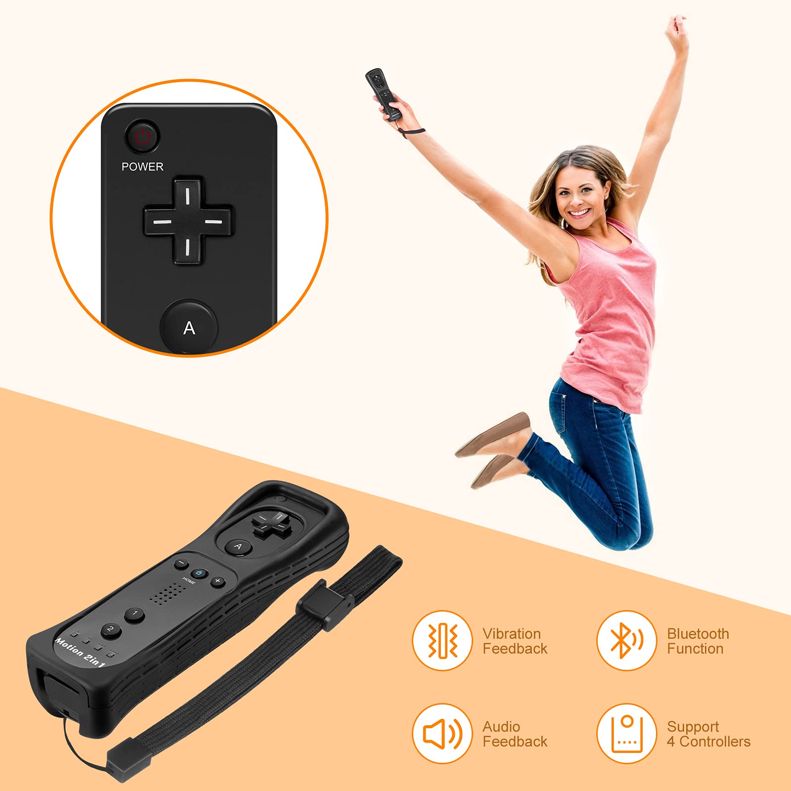 2 Pack Wii Controller, 2 in 1 Wii Remote Controller with Motion Plus for Nintendo Wii and Wii U, Wireless Wii Remote Game Controller with Silicone Case and Wrist Strap (Black)