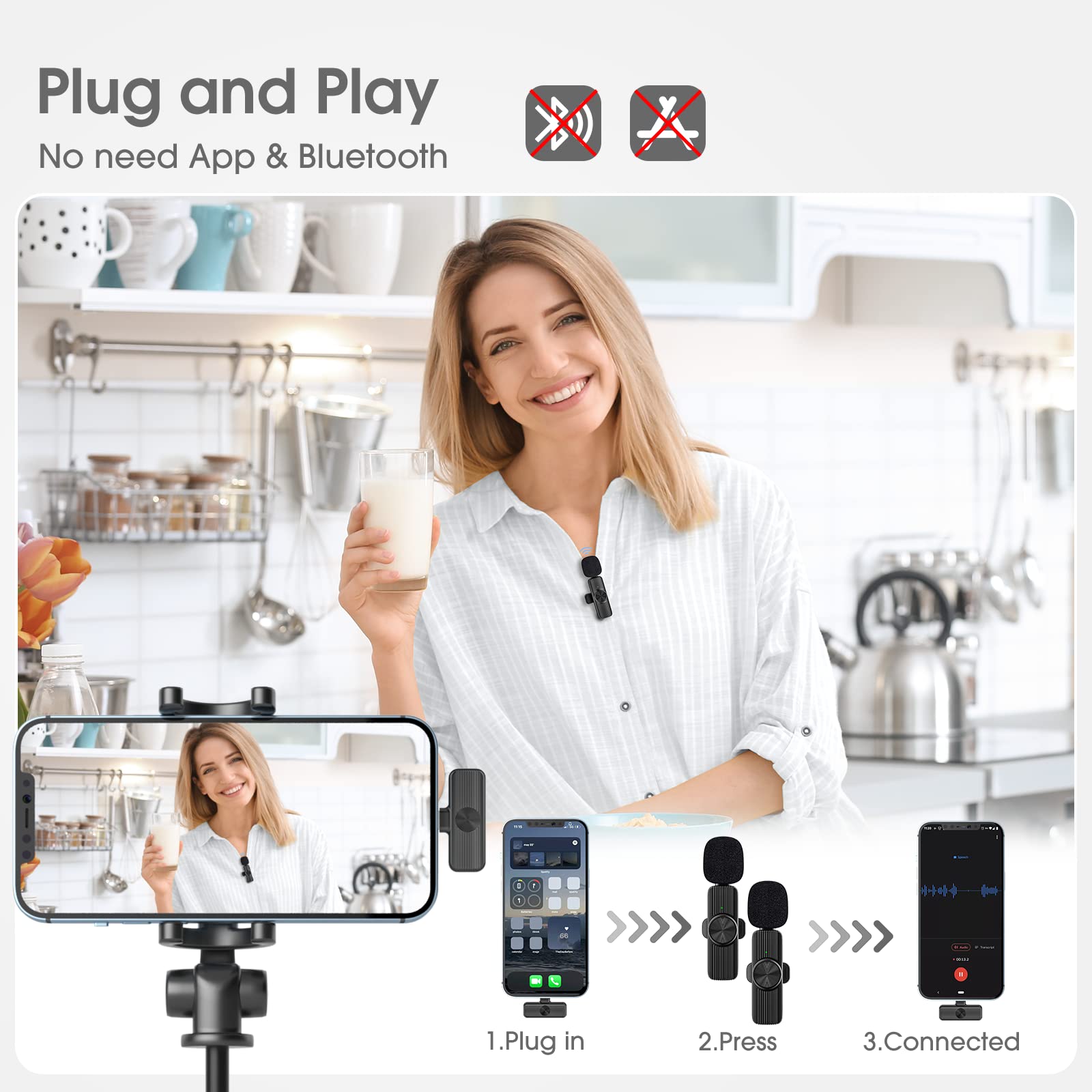 2 Pack Wireless Lavalier Microphone for iPhone iPad, Noise Reduction Cordless Omni Lapel Mic, Clip on Microphone for Video Recording, YouTube, Facebook,TikTok, Interview Livestream & Podcast
