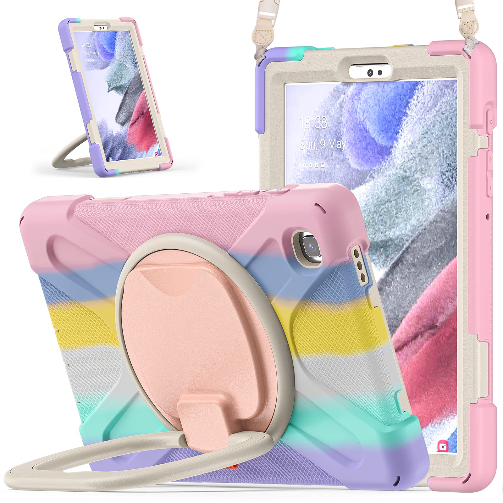 Slticase Case for Samsung Galaxy Tab A7 Lite 8.7 2021 Rainbow Pink Cute for Kids Todders Children Teen Girls Women w/Hand Grip | Protective Cover w/Pencil Holder Shoulder Strap for SM-T220/T225.