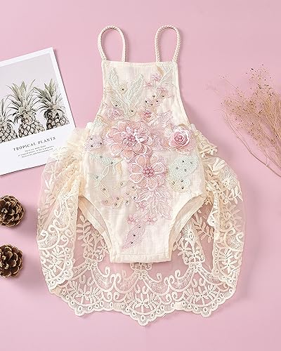 Easisim Newborn Infant Baby Girl Clothes Lace Embroidery Halter Backless Romper Jumpsuit Bodysuit Outfits (Beige,12-18 Months)