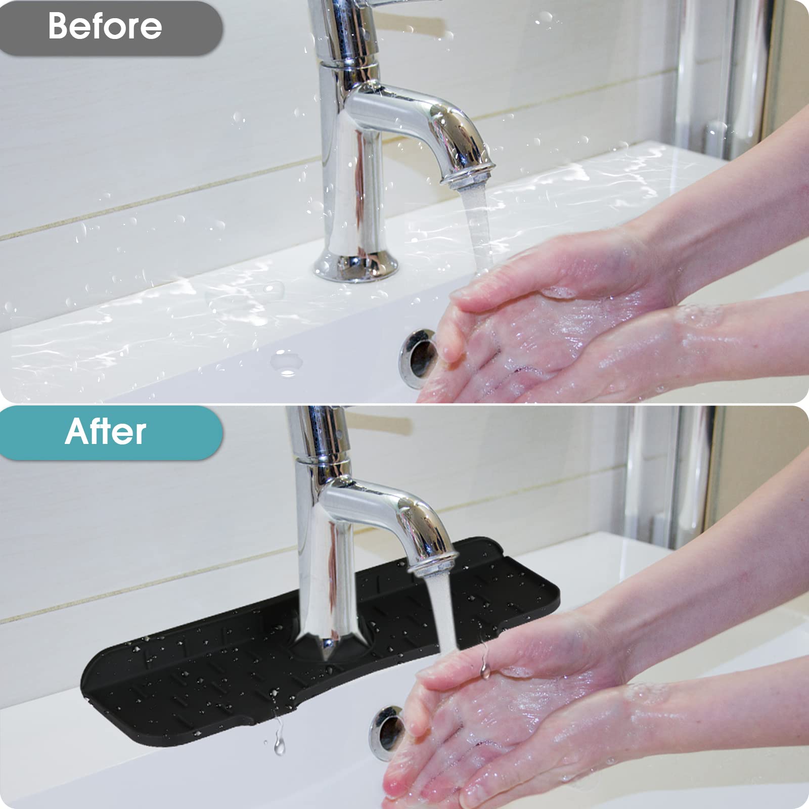 2 Pack Silicone Faucet Handle Drip Catcher Tray, Kitchen Sink Splash Guard Mat, Faucet Water Catcher Mat Sink Draining Pad Drying Mat for Countertop, Bathroom, Farmhouse, RV, Kitchen Sink Accessories