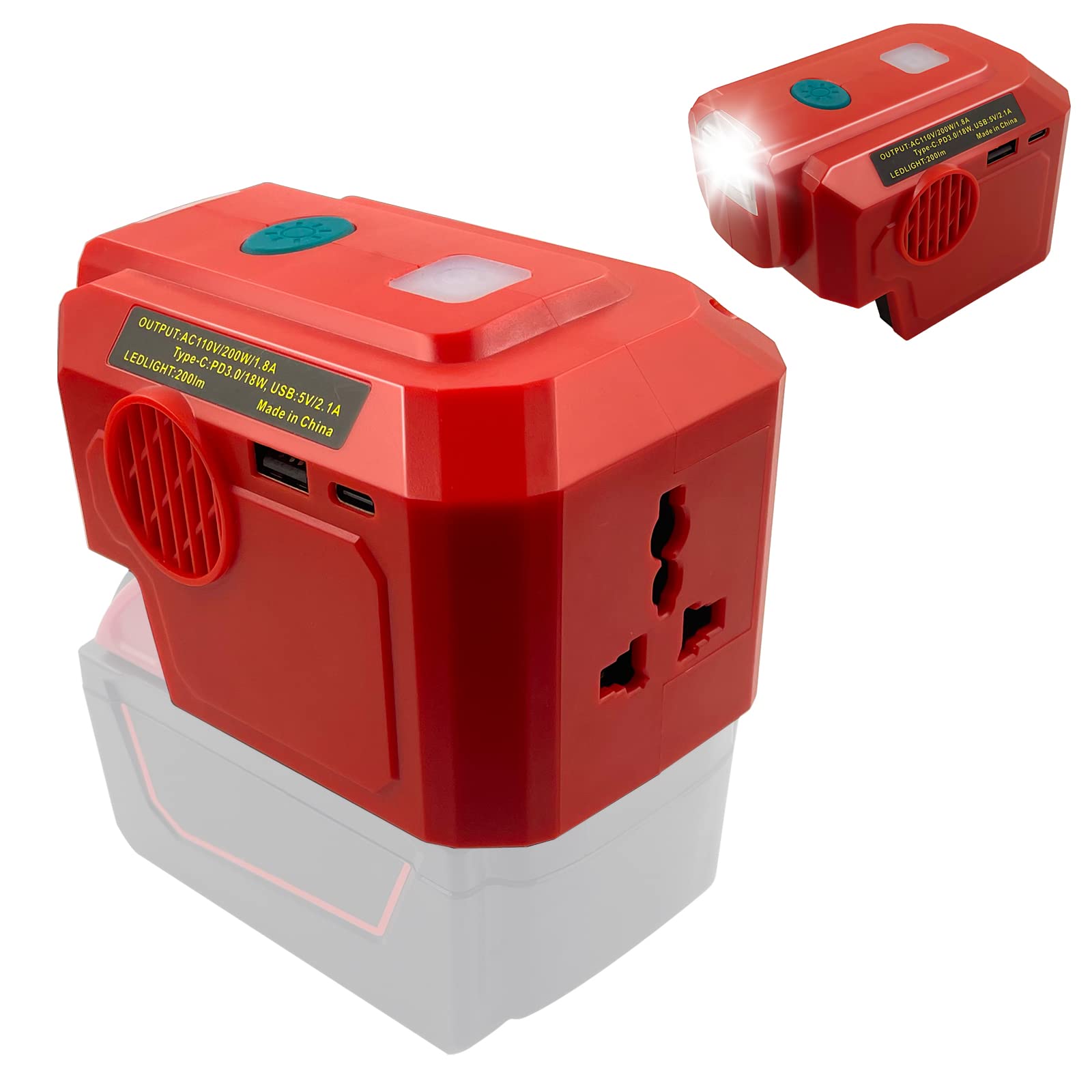 200W for Milwaukee Power Inverter,18V Battery Adapter,Portable USB Charger Adapter,DC 18V to AC 110V Portable Power Station with Type C & USB& LED Light & AC Outlet for Camping, Hiking(Inverter only)
