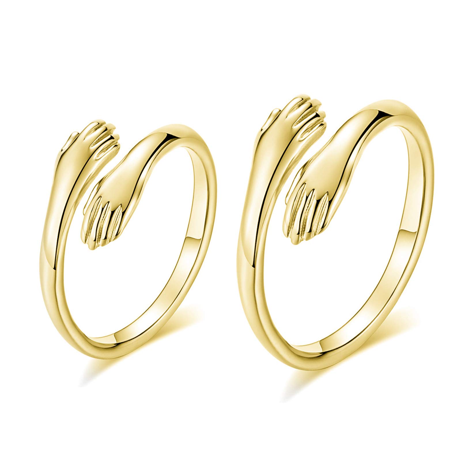 2 Pcs Love Hug Open Adjustable Ring Set Friendship Couple Lover Statement Creative Romantic Wedding Engagement Hugging Hands Jewelry for Women Men-gold