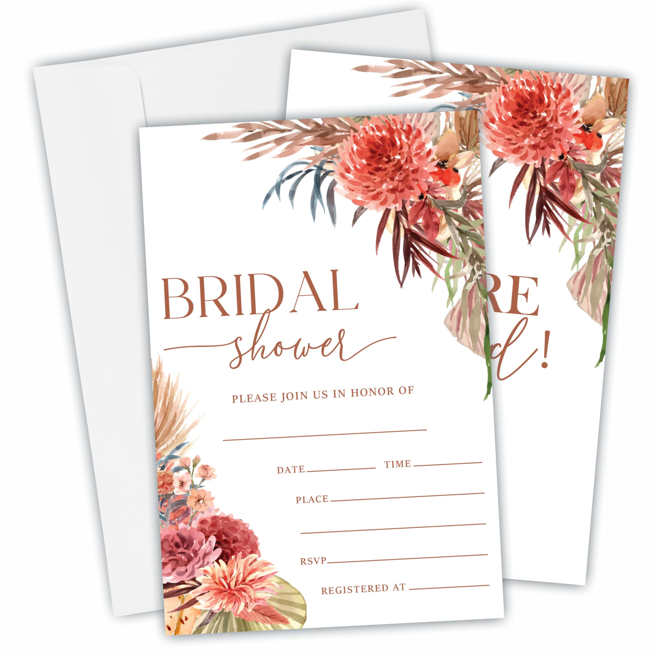 25 Bridal Shower Invitation Cards With Envelopes - Watercolor Boho Floral - Double-Sided Fill In Style Invites For Newlyweds, Wedding & Bridal Shower Celebration, Party Favor & Decorations - B19