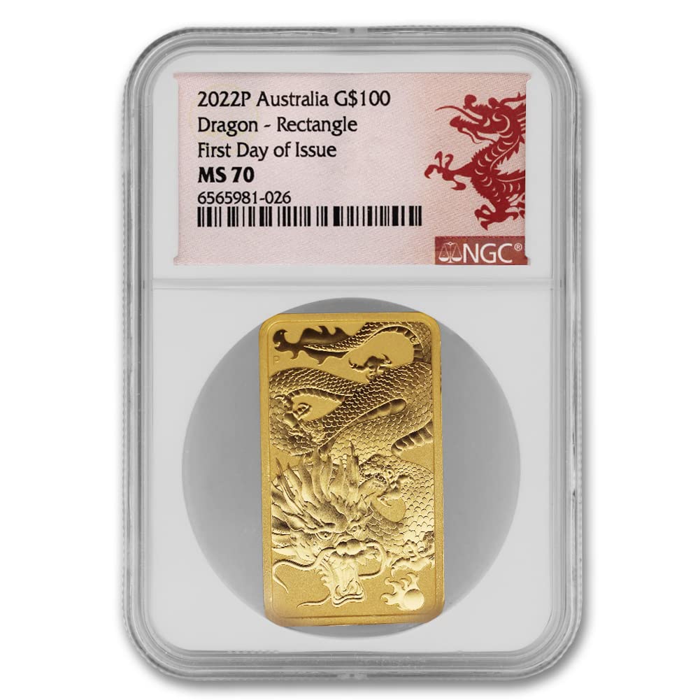 2022 P 1 oz Australian Gold Dragon Bar MS-70 (MS70 - First Day of Issue) 24K $100 NGC Mint State