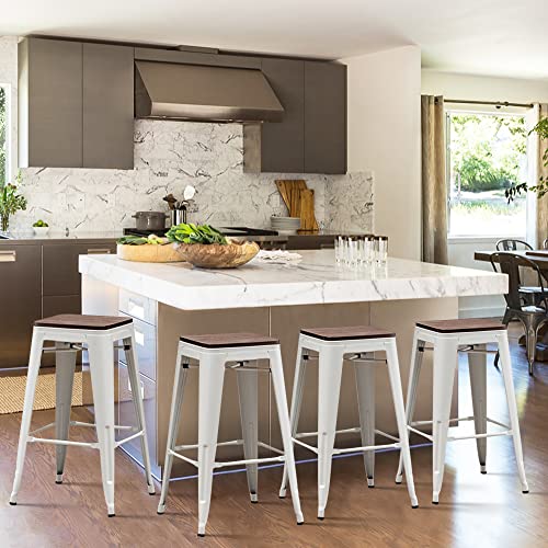 Alunaune 26" Metal Bar Stools Set of 4 Industrial Backless Counter Height Barstools Stackable Kitchen Patio Stool Wood Top-White