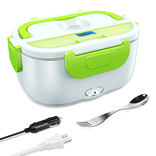 Electric Lunch Box for Car and Home 110V & 12V 40W - Removable Stainless Steel Portable Food Grade Material Warmer Heater - with 2 in 1 Fork & Spoon (Green)