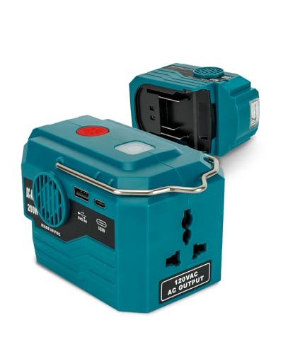 200W Power Inverter for Makita 18V Battery,DC 18V to AC 110-120V Portable Power Station with 1 USB Port, 1 USB-C Port,280lm LED Light for Outdoors Camping Travel Hunting Emergency(Tool Only)