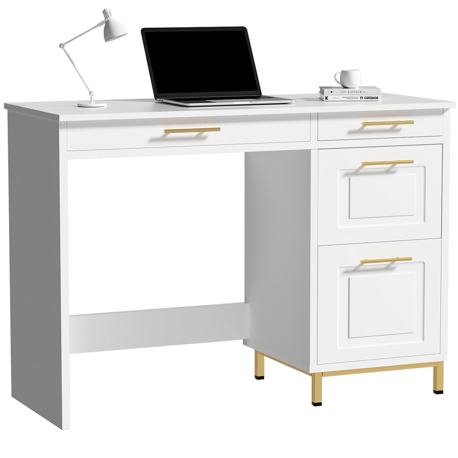 4 EVER WINNER White Desk with Drawers, 43β Home Office Small Desk with Drawers, Gold Hardware for Small Space, White and Gold Desk Writing Study Table for Bedroom