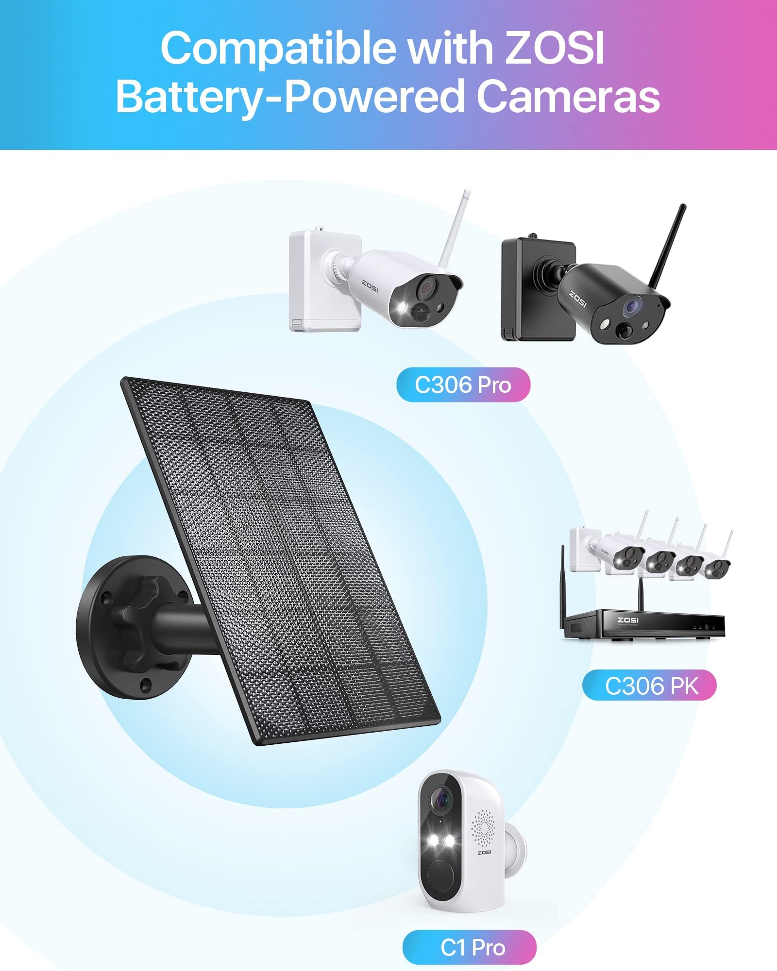 ZOSI Solar Panel Power Supply Only for ZOSI Security Wireless Rechargeable Battery Powered Camera C1pro & C306pro, IP66 Waterproof, 360° Adjustable Mounting Bracket, Non-Stop Charging