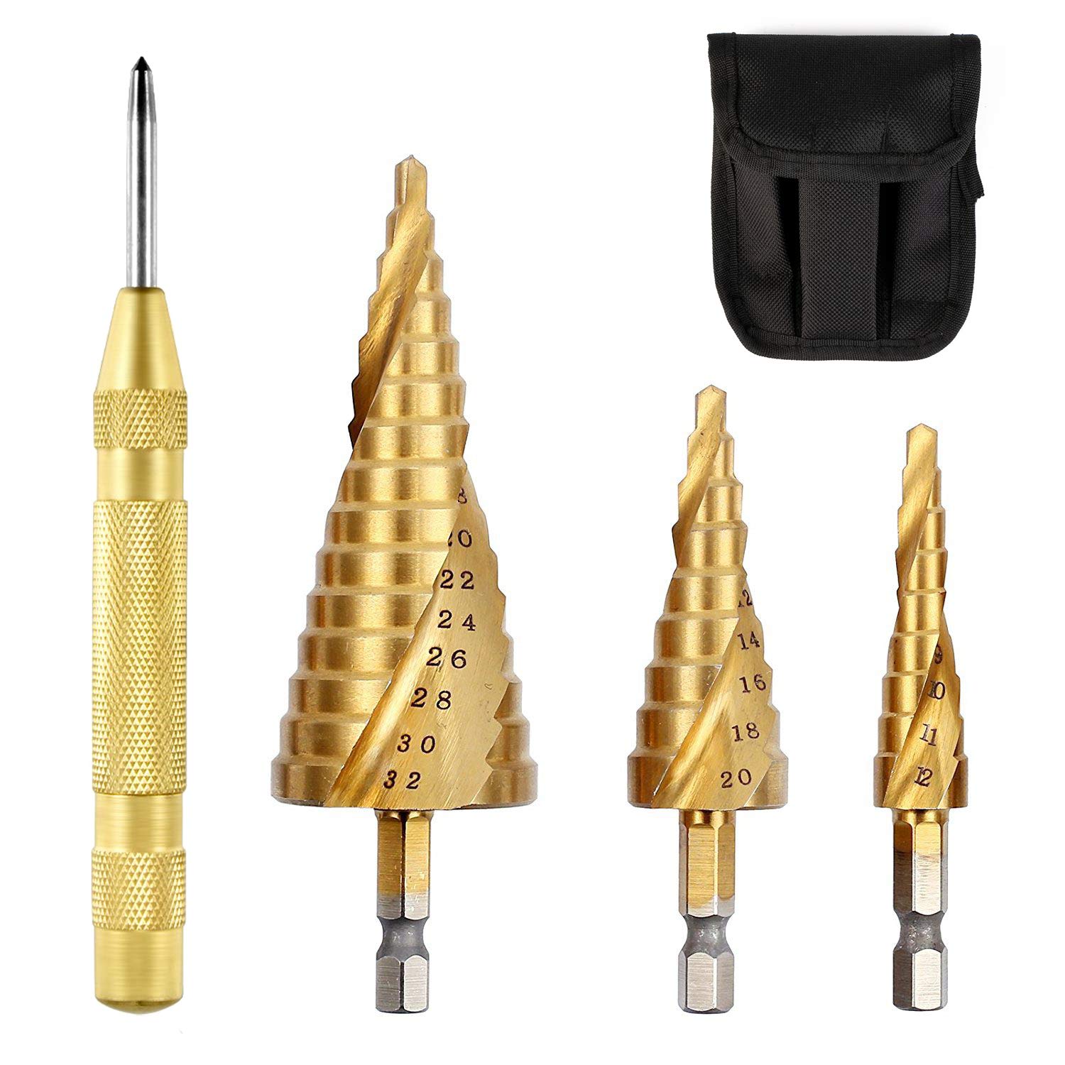 3Pcs HSS Spiral Step Drill Bit Set, 1/4" Hex Shank High Speed Steel Titanium Coated Cone Hole Cutter Bit with Automatic Center Punch for Drilling Plate Aluminum Metal Wood Hole (4-12mm/4-20mm/4-32mm)