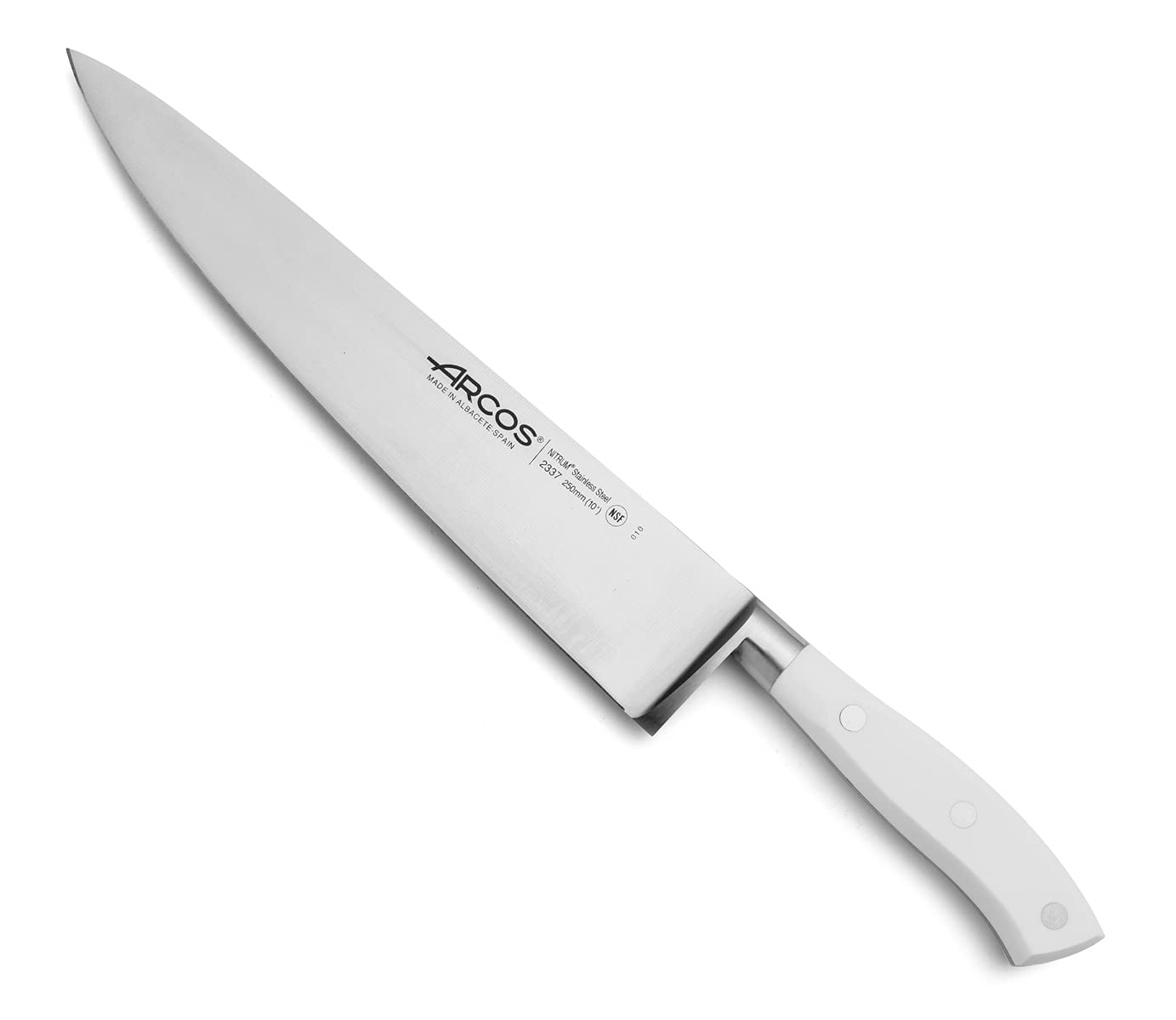 ARCOS Forged Chef Knife 10 Inch Stainless Steel. Professional Cooking Knife For Cutting Variety of Foods. Ergonomic Polyoxymethylene Handle and 250mm Blade. Series Riviera Blanc. Color White