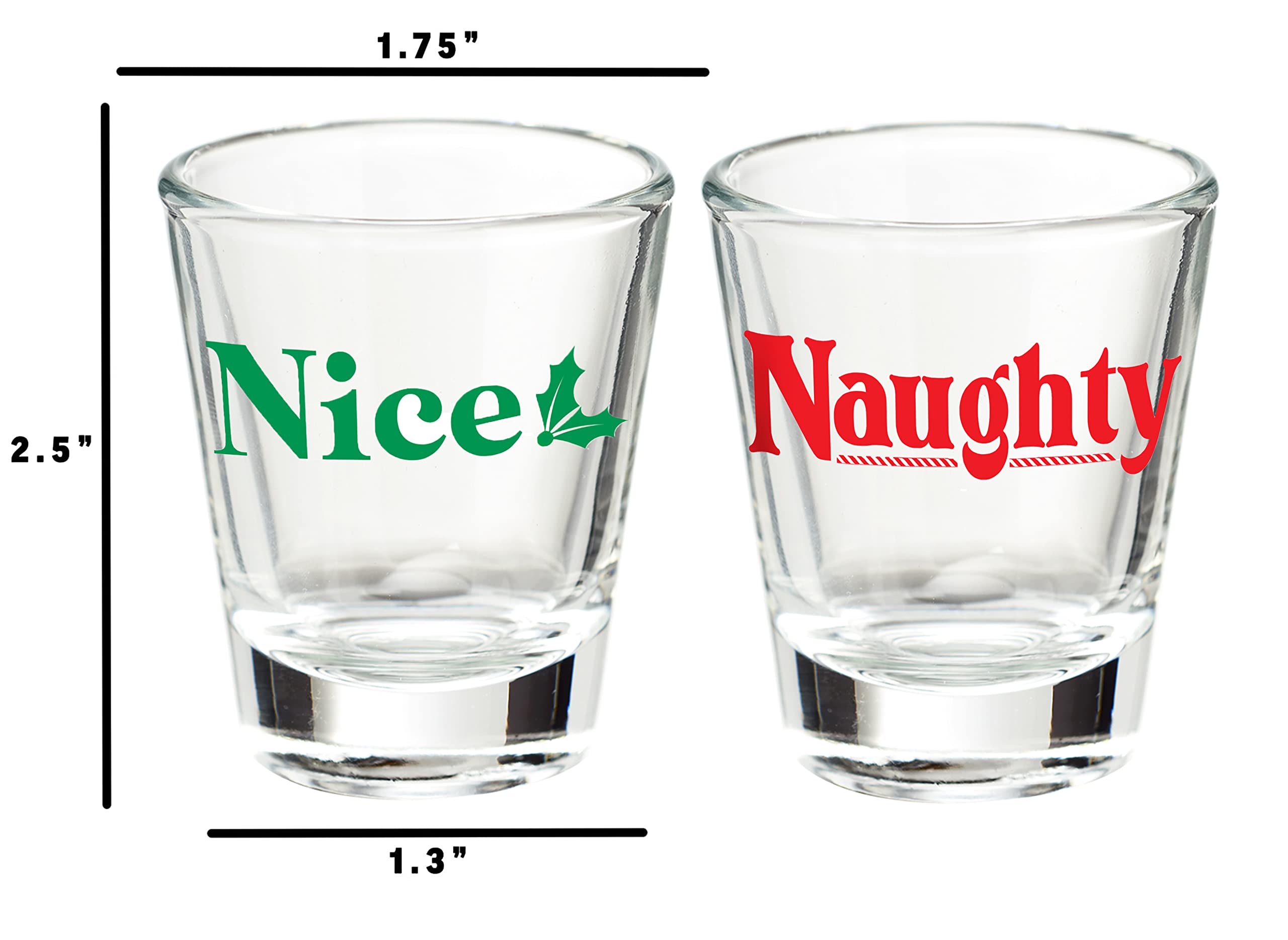2 Shot Glasses - Christmas Naughty & Nice Novelty Glass Set - 1.5 oz Green Red Fun Gift Wrapped Boxed - Unique Fun Funny Gag Present For Him Her - Liquor Drinking Game