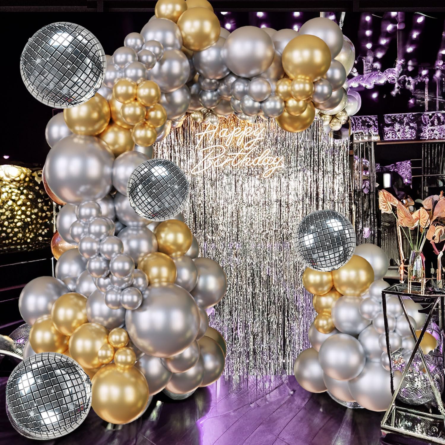 124Pcs Silver and Gold Garland Balloons Metallic Balloon Arch Kit Chrome Silver balloon Disco Ball decorations for Disco Party 60th Birthday Graduation Galaxy Alien Party