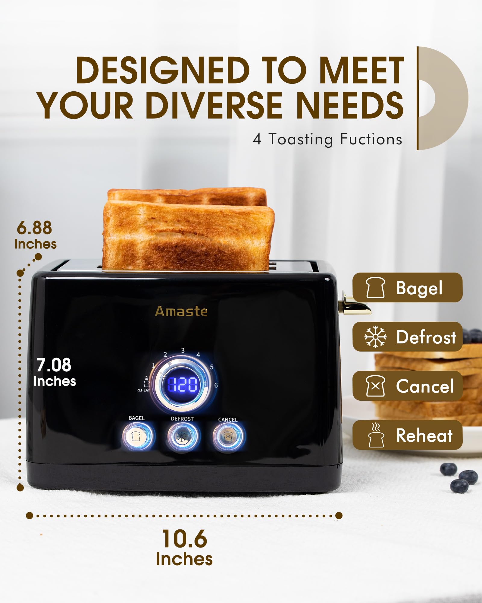 2 Slice Toaster, Retro Bread Toaster with LED Digital Countdown Timer, Extra Wide Slots Toasters with 6 Shade Settings, Bagel, Cancel, Defrost Function, High Lift Lever, Removal Crumb Tray, Black